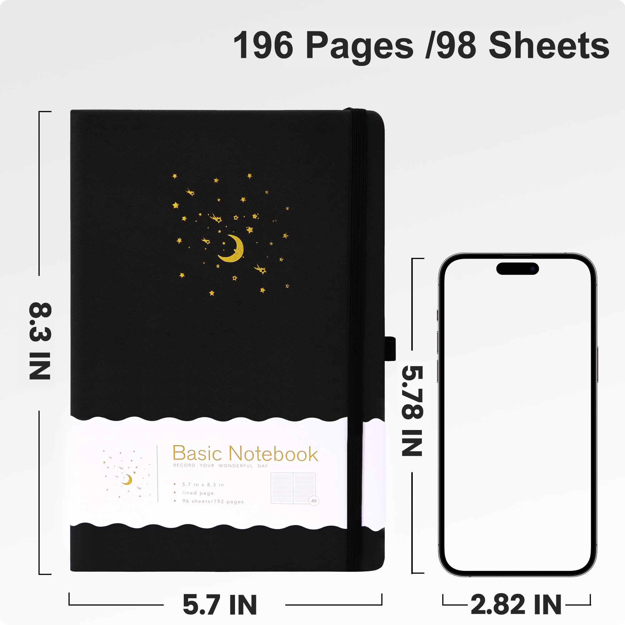 CAGIE Lined Journal Notebook for Work, 196 Pages, Medium 5.7" x 8.3", Hardcover Notebook Journal with Pen Loop, (Black Ruled)
