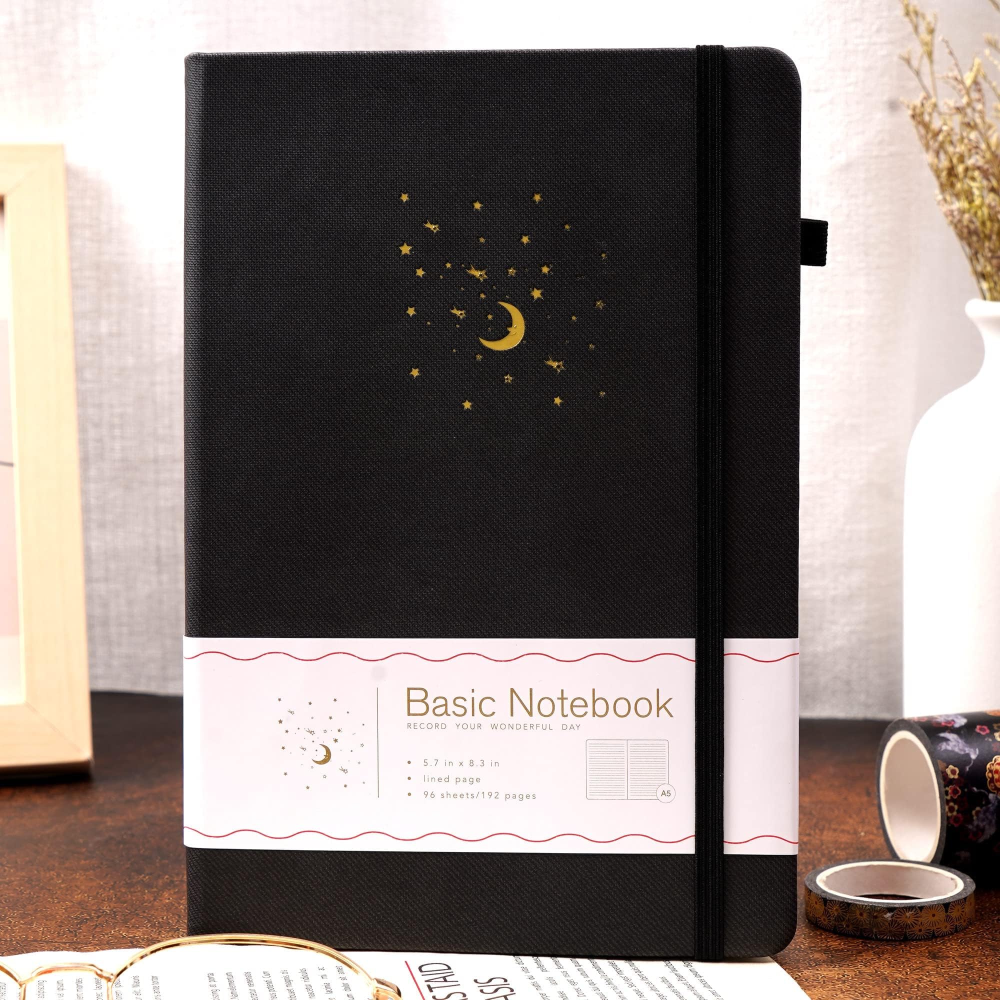 CAGIE Lined Journal Notebook for Work, 196 Pages, Medium 5.7" x 8.3", Hardcover Notebook Journal with Pen Loop, (Black Ruled)