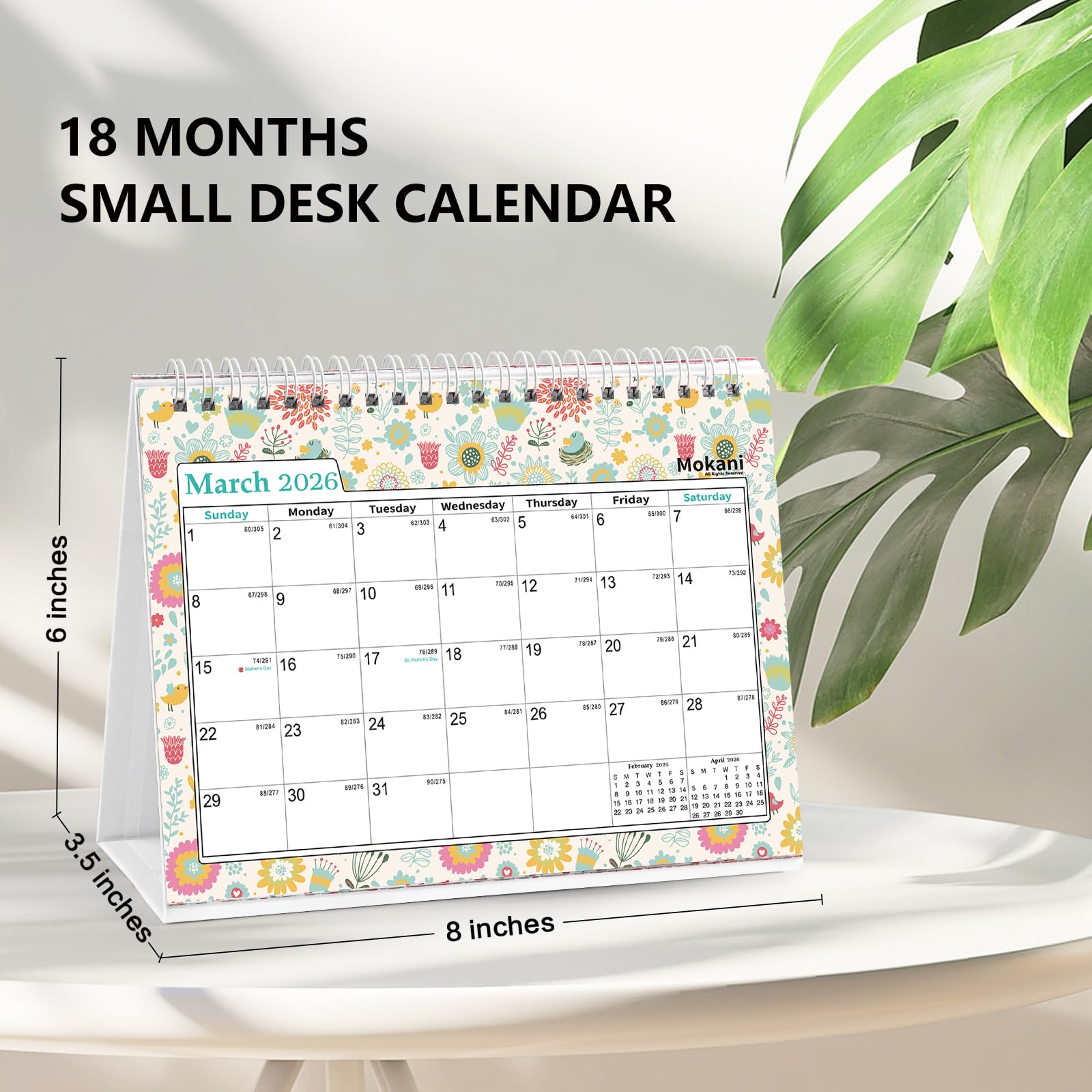 Mokani Small Desk Calendar 2023-2024 (8"x6"), Mini Monthly Desktop Calendar from January 2023 to June 2024, Academic Year Standing Desk Calendars with Planner Stickers