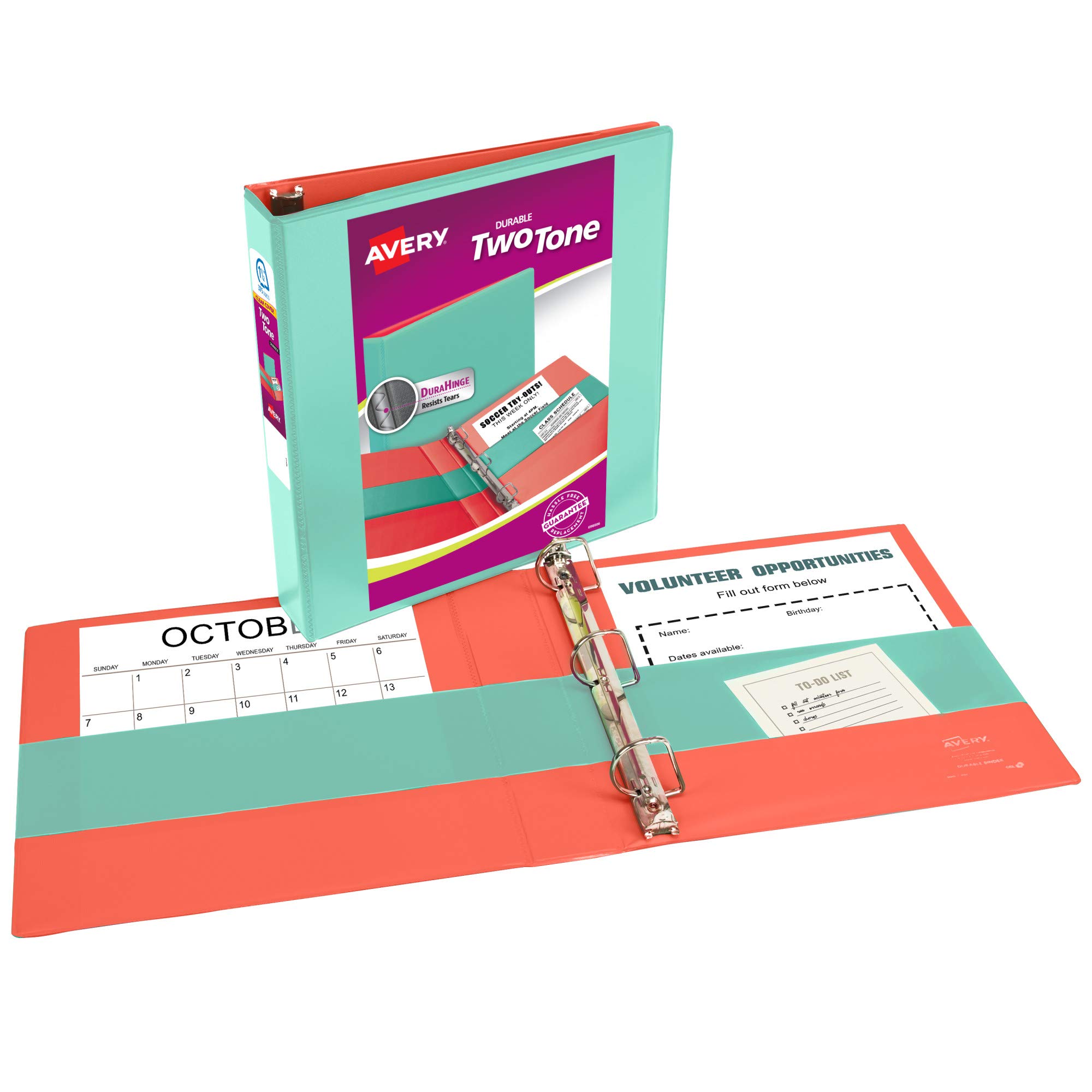 Avery(R) Two-Tone Durable View 3 Ring Binder, 1-1/2 Inch Slant Rings, 1 Mint/Coral Binder (17289)