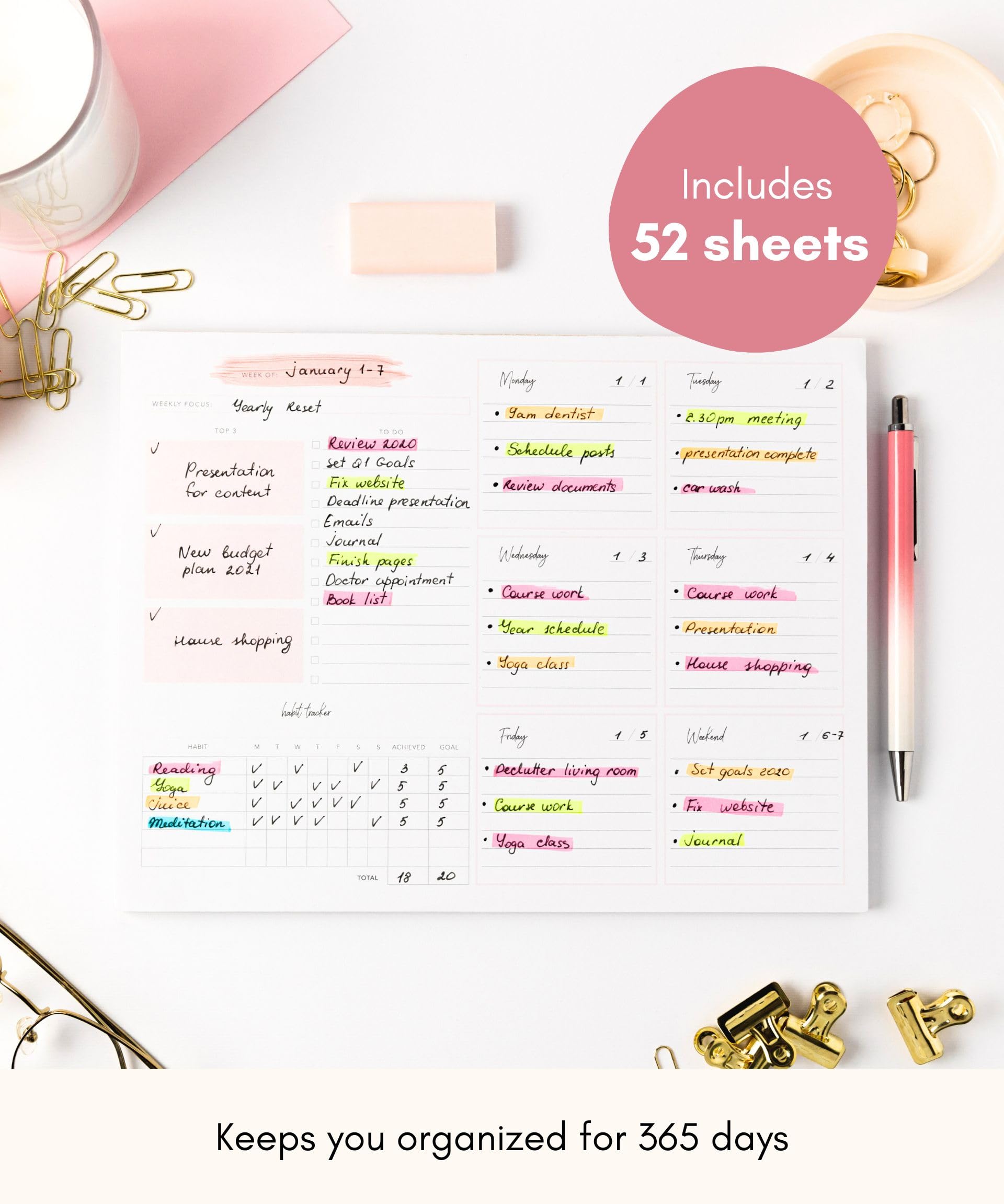 Weekly Planner Pad Tear Off – 52 Undated Weekly Sheets Daily To Do List Notepad, Habit Tracker, Academic Planner Notebook, Daily Work Planner - Full Year Productivity Planner 10.1 x 7.7’’