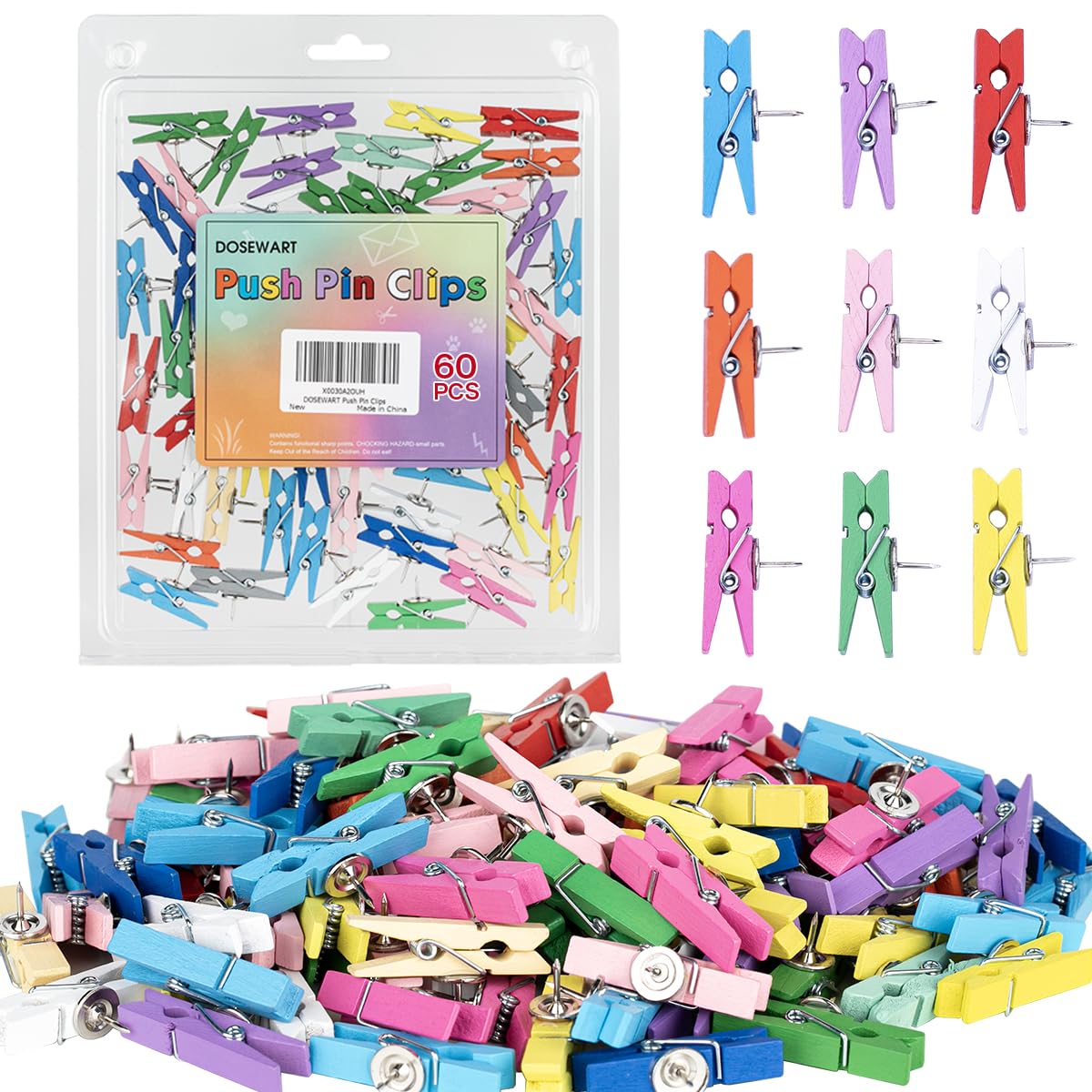Push Pin Clips for Cork Board, 50 Pcs Colorful Push Pins with Wooden Clips Decorative Assorted Colors Thumbtack Pushpins Tacks for Bulletin Board Decorations, Artworks, Notes, Photos, Office and Home