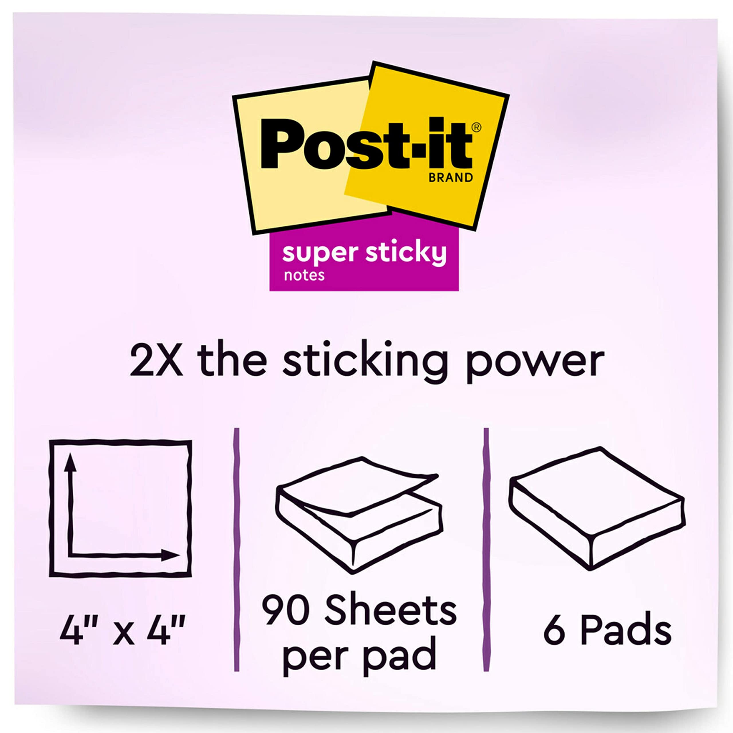 Post-it Super Sticky Recycled Notes, 4x4 in, 6 Pads, 2x the Sticking Power, Wanderlust Collection, Pastel Colors, 30% Recycled Paper (675-6SSNRP)