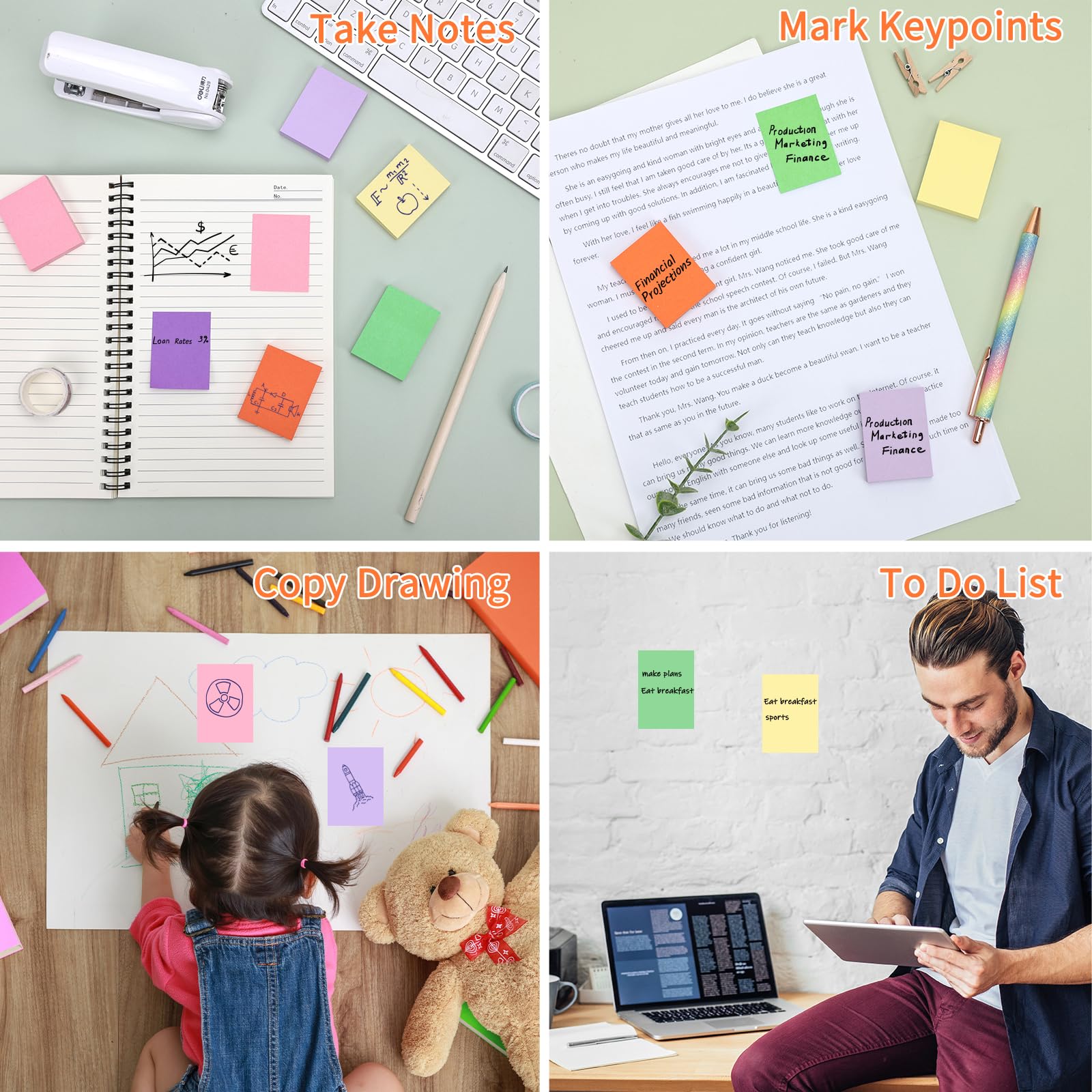 EOOUT Sticky Notes 1.5x2 Inches, 30 Pack Bright Colors Self-Stick Pads, 10 Colors Super Adhesive Bright Colors Memo Pads, 75 Sheets/Pad