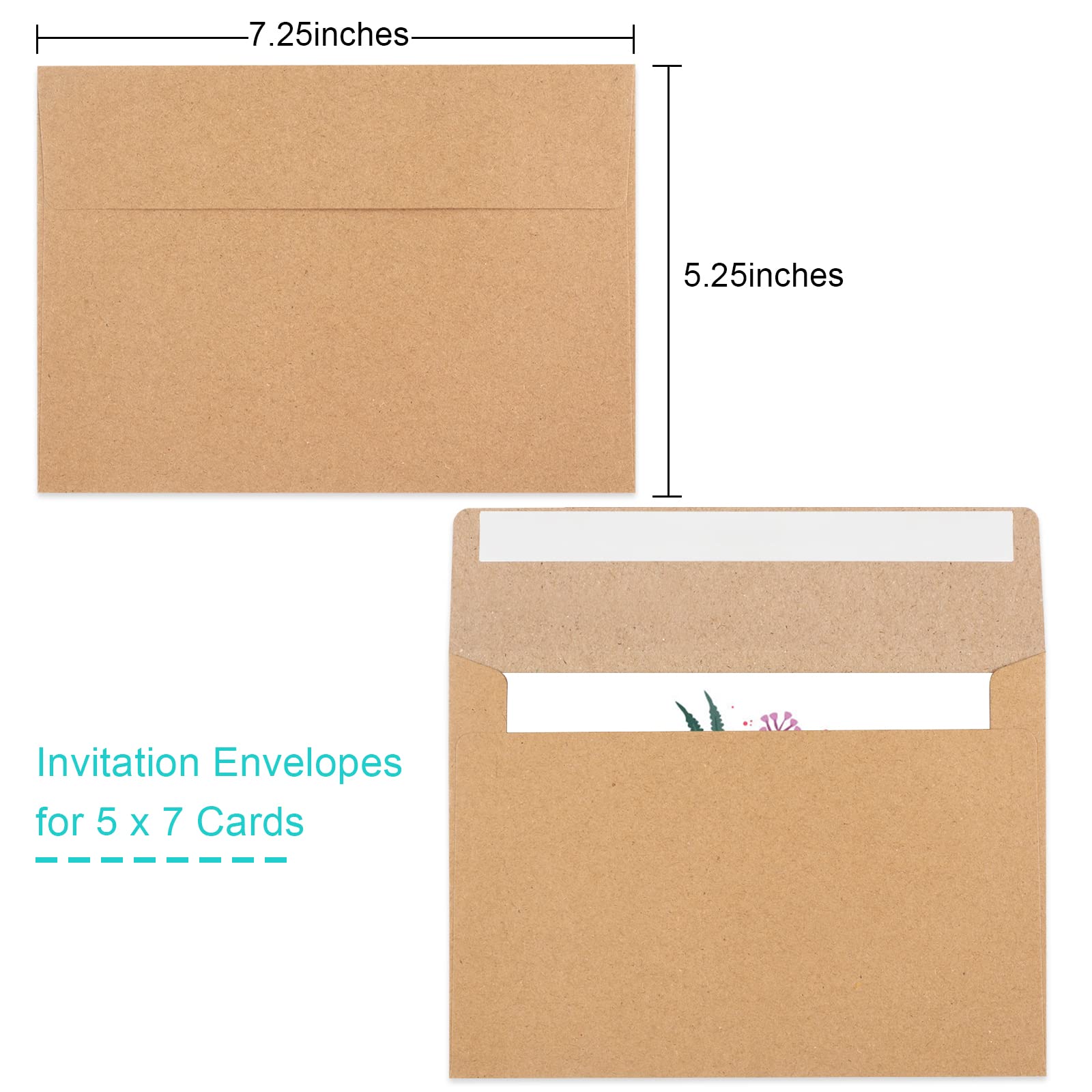 50 Pack Kraft Envelopes, 5x7 Envelopes for Invitations, A7 Invitation Envelopes, Brown Kraft Envelopes for Personalize Gift Cards, Wedding, Baby Shower, Birthday Party