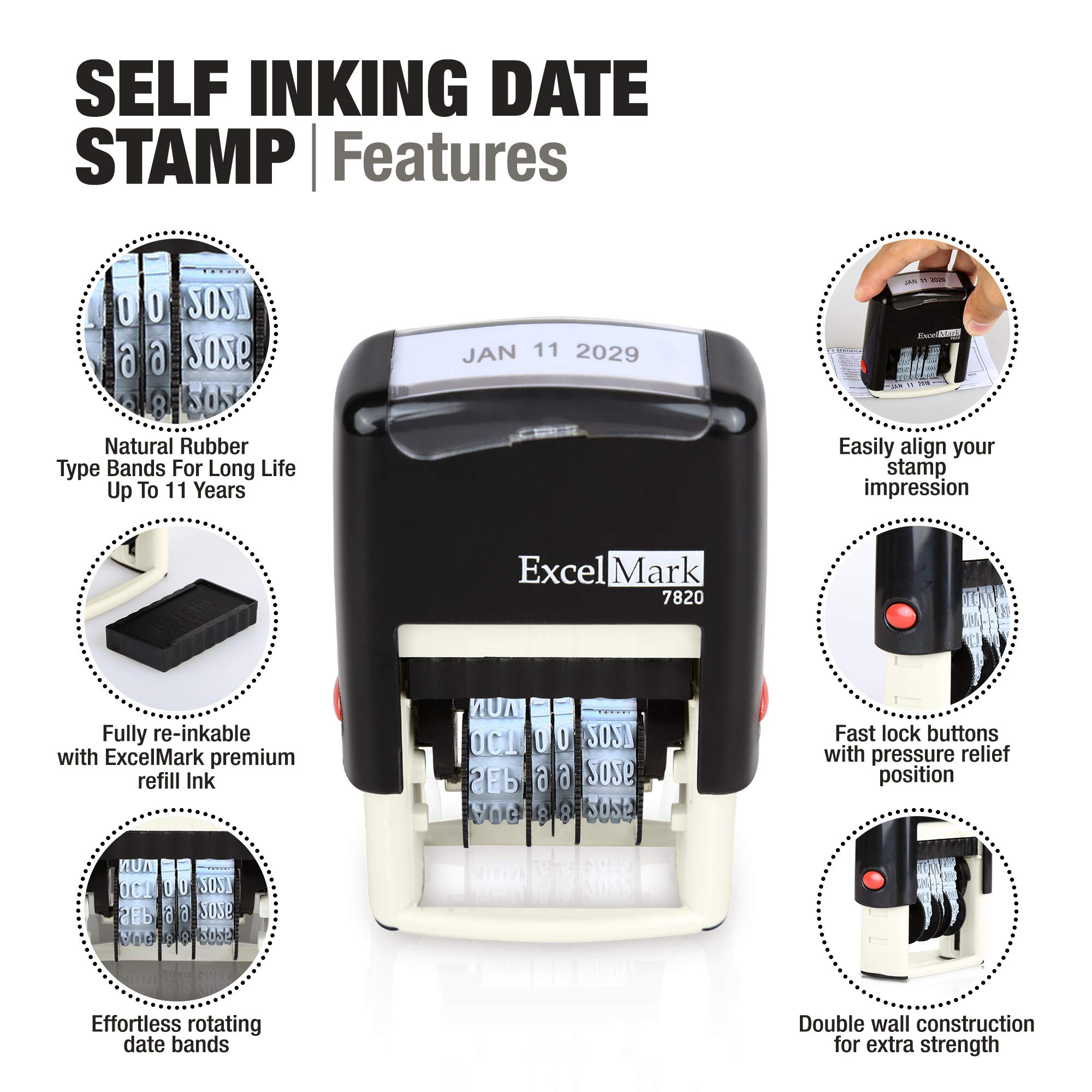 ExcelMark 7820 Self-Inking Rubber Date Stamp – Great for Shipping, Receiving, Expiration and Due Dates (Black Ink)