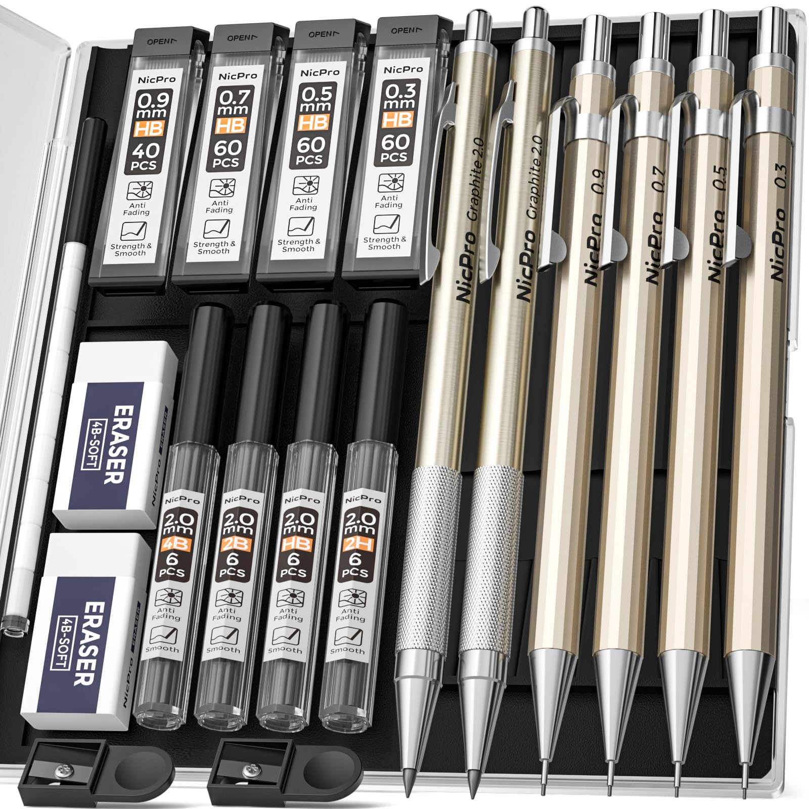 Nicpro 6 PCS Art Mechanical Pencils Set, Metal Artist Drafting Pencil 0.3 & 0.5 & 0.7 & 0.9 mm & 2 PCS 2mm Graphite Lead Holder(4B 2B HB 2H) For Writing Sketching Drawing With Lead Refills Eraser Case