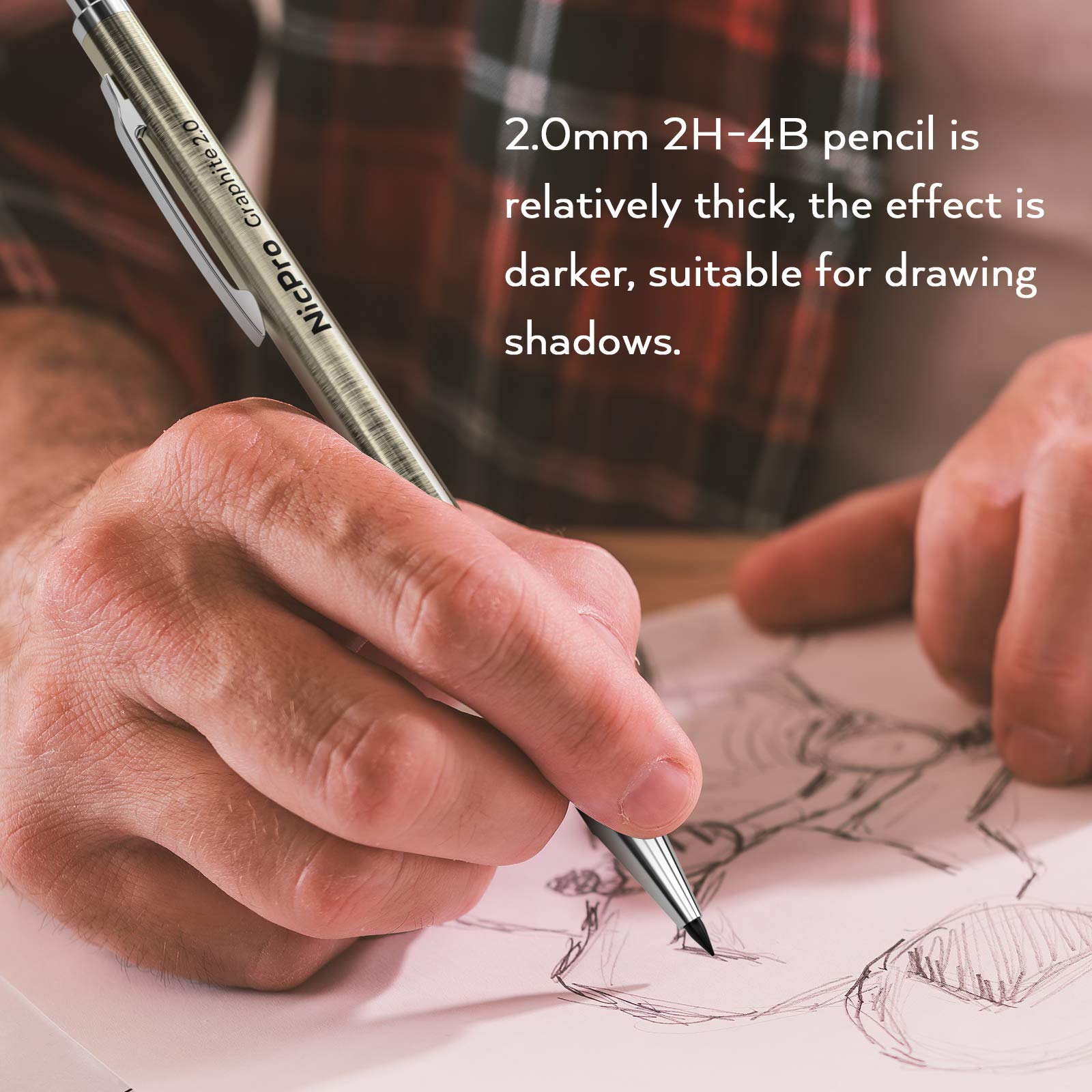 Nicpro 6 PCS Art Mechanical Pencils Set, Metal Artist Drafting Pencil 0.3 & 0.5 & 0.7 & 0.9 mm & 2 PCS 2mm Graphite Lead Holder(4B 2B HB 2H) For Writing Sketching Drawing With Lead Refills Eraser Case