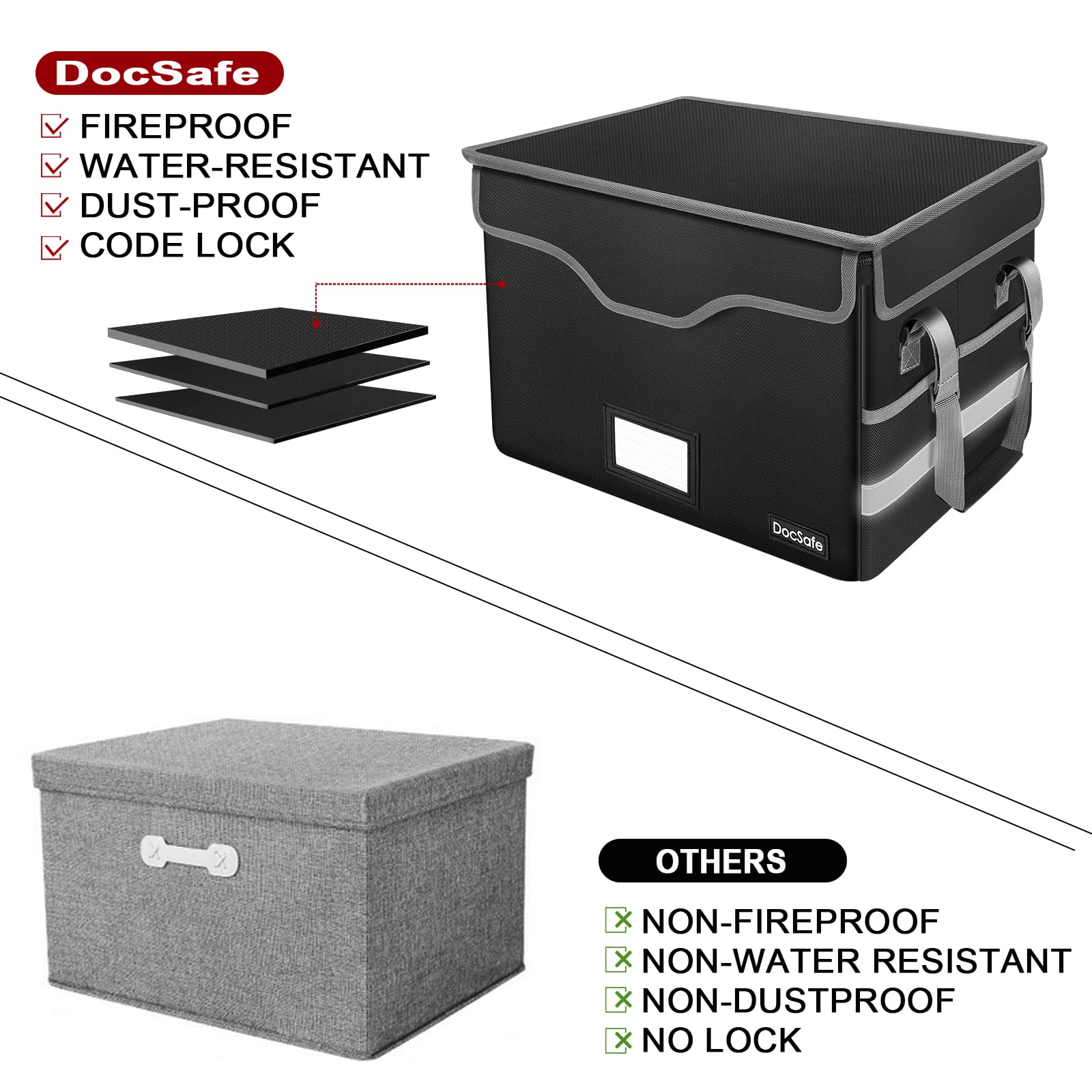 DocSafe File Box Fireproof Document Box with Lock,File Storage Organizer Box with Mesh Pockets,Collapsible Portable File Box Home Office File Cabinet with Handle for Hanging Letter/Legal Folder,Black