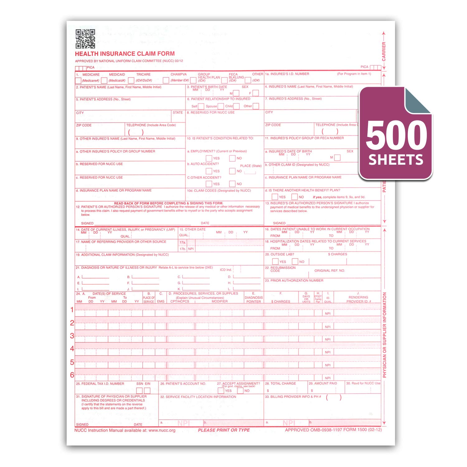 CMS 1500 / HCFA 1500 Insurance Claim Forms - Laser/Ink-Jet Compatible (New Version 02/12) Letter Size 8-12" x 11" 500 Sheets Per Ream