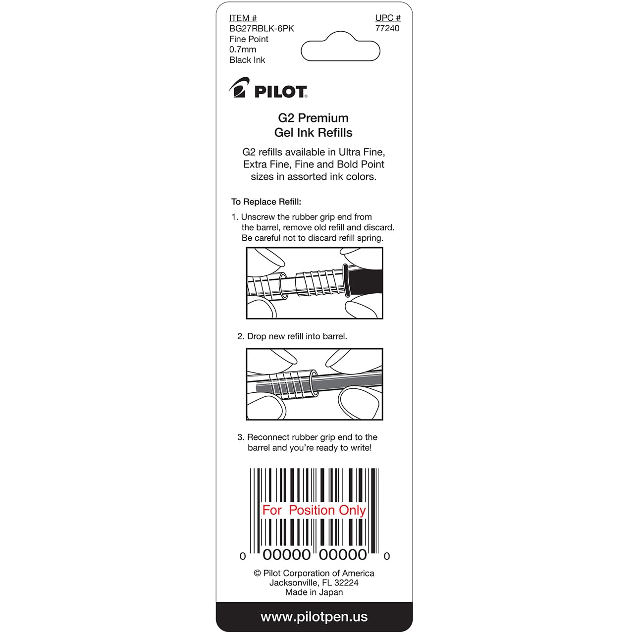 Pilot G2 Gel Ink Refill, Fine Point, Black Ink - Pack of 6 (PIL77240-6PACKS)