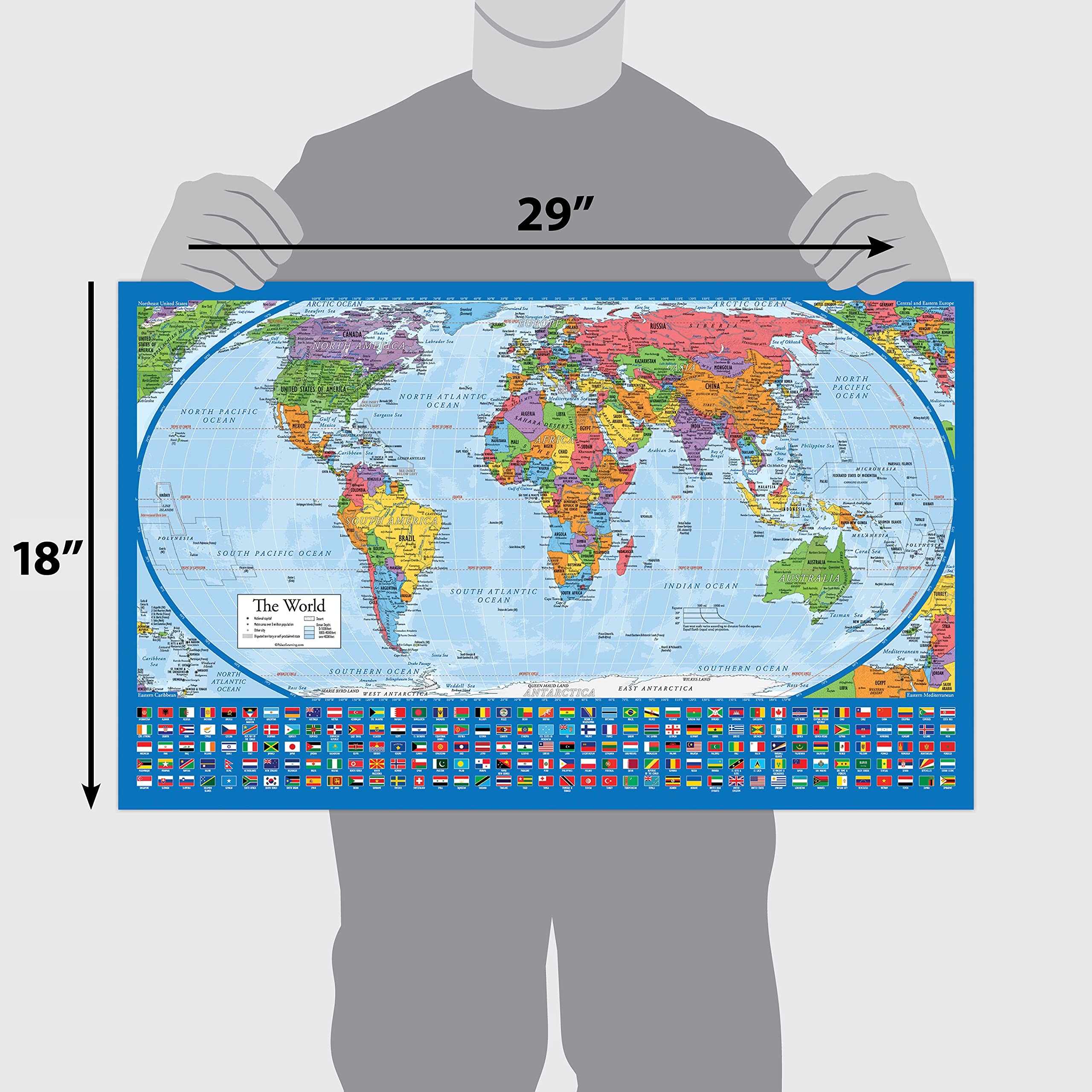 2 Pack - Laminated World Map Poster & USA Map Set - Equal Earth world map design shows continents at true relative size - US Map 18” x 29”