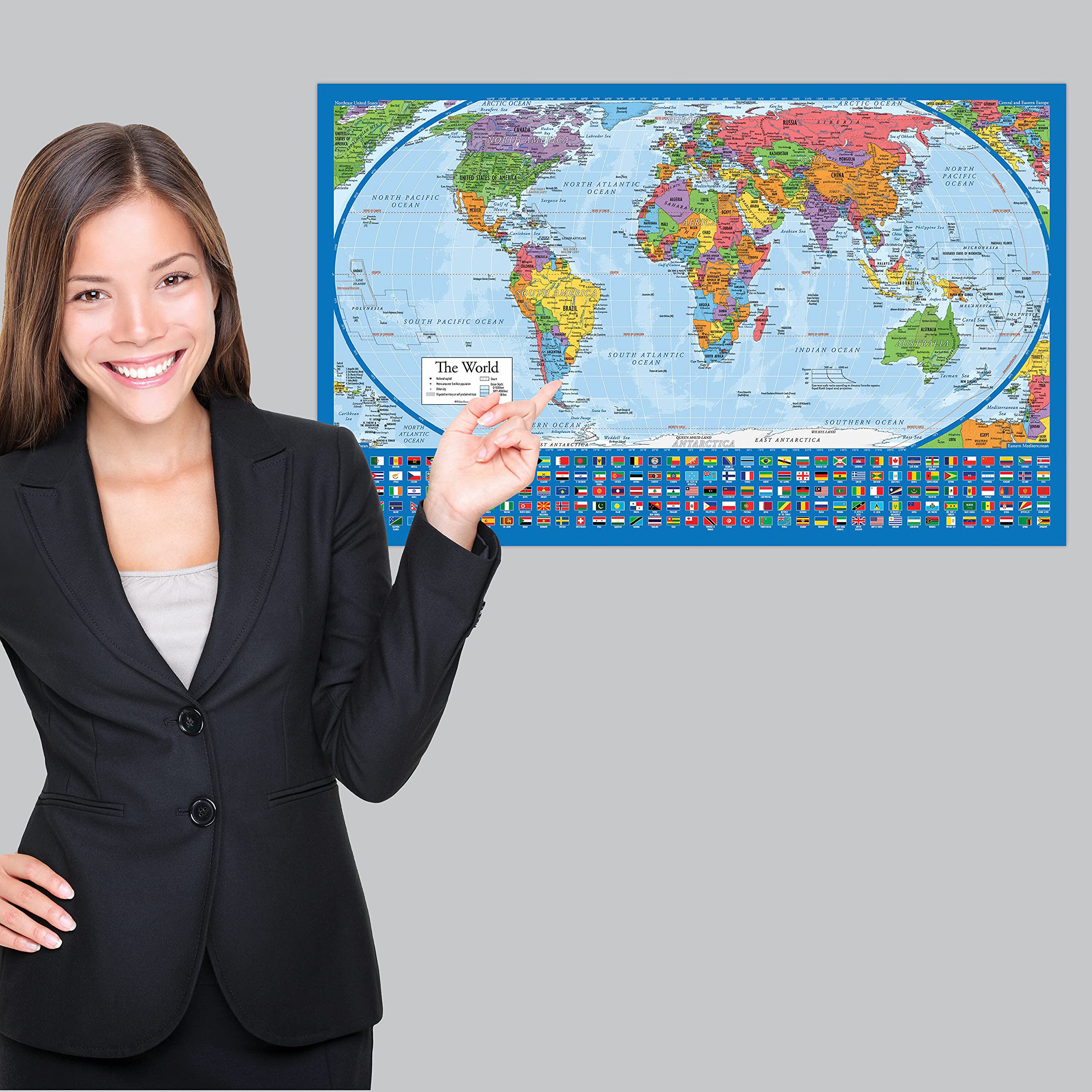 2 Pack - Laminated World Map Poster & USA Map Set - Equal Earth world map design shows continents at true relative size - US Map 18” x 29”