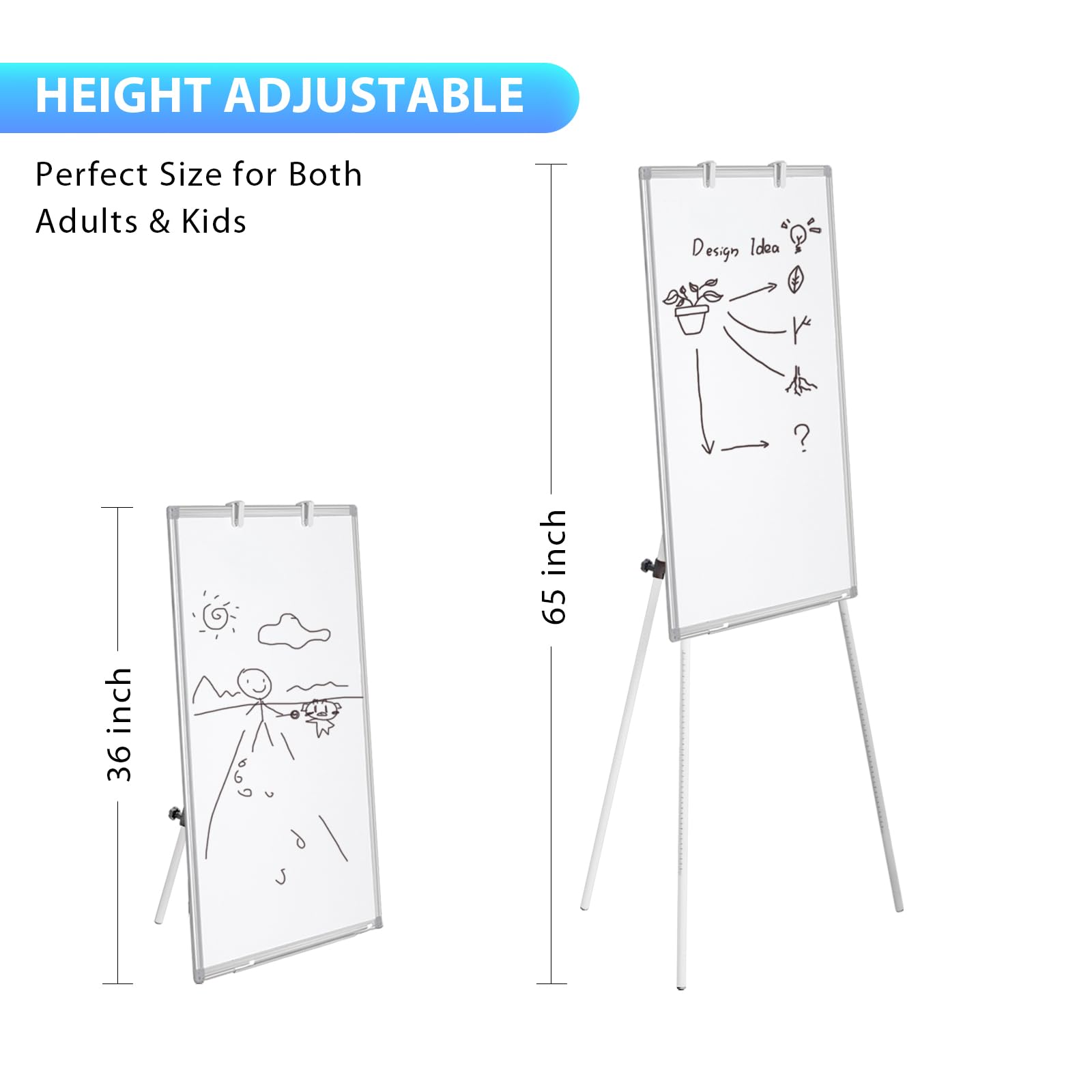 Easel Whiteboard - Magnetic Portable Dry Erase Easel Board 36 x 24 Tripod Whiteboard Height Adjustable, 3' x 2' Flipchart Easel Stand White Board for Office or Teaching at Home & Classroom