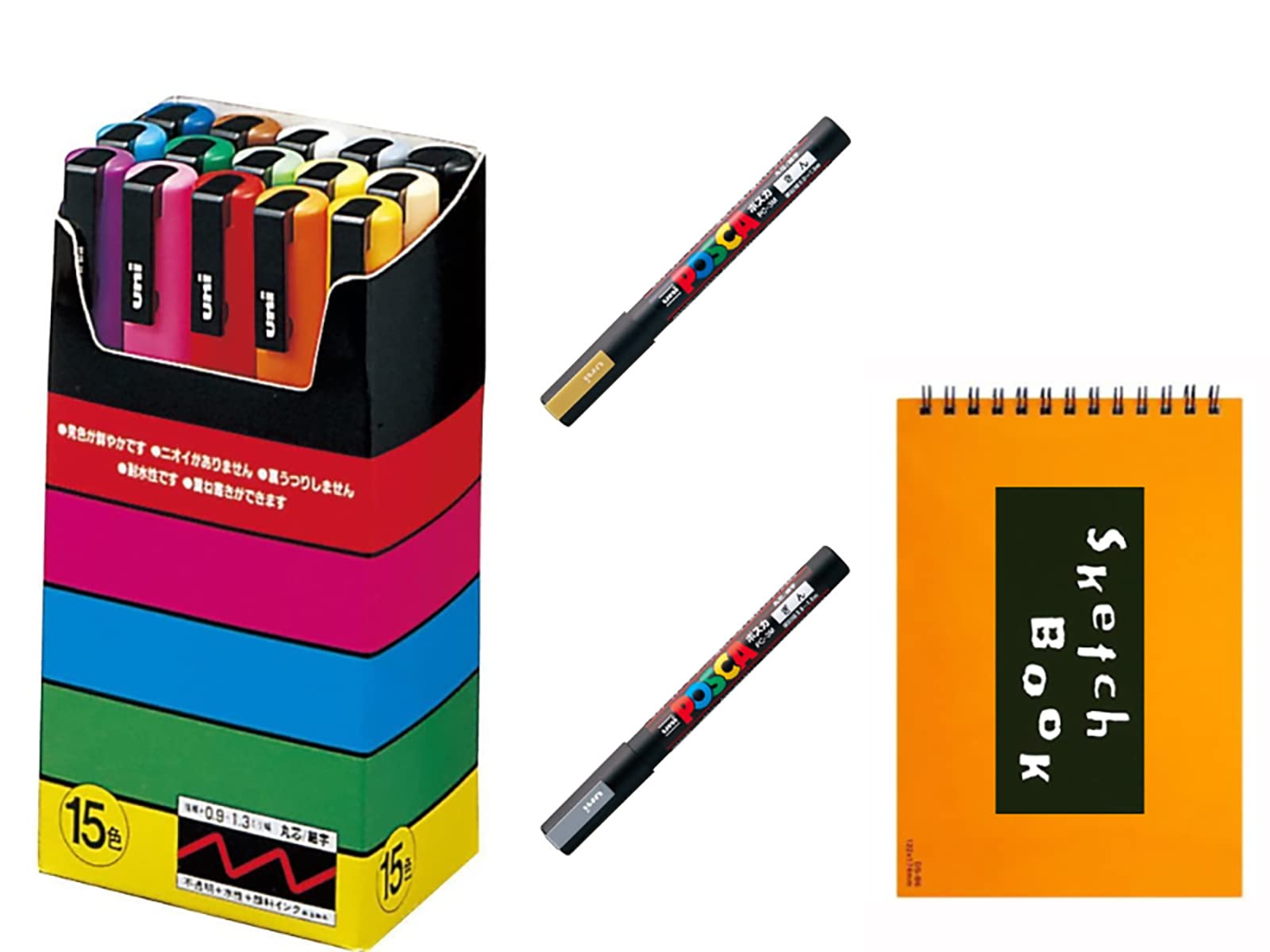 Uni-posca Paint Marker Pen SPECIAL (b-set) , Mitsubishi Pencil Uni Posca Poster Color Marking Pens Fine Point 15 Colours (PC-3M15C), Gold and Silver -Japan Import