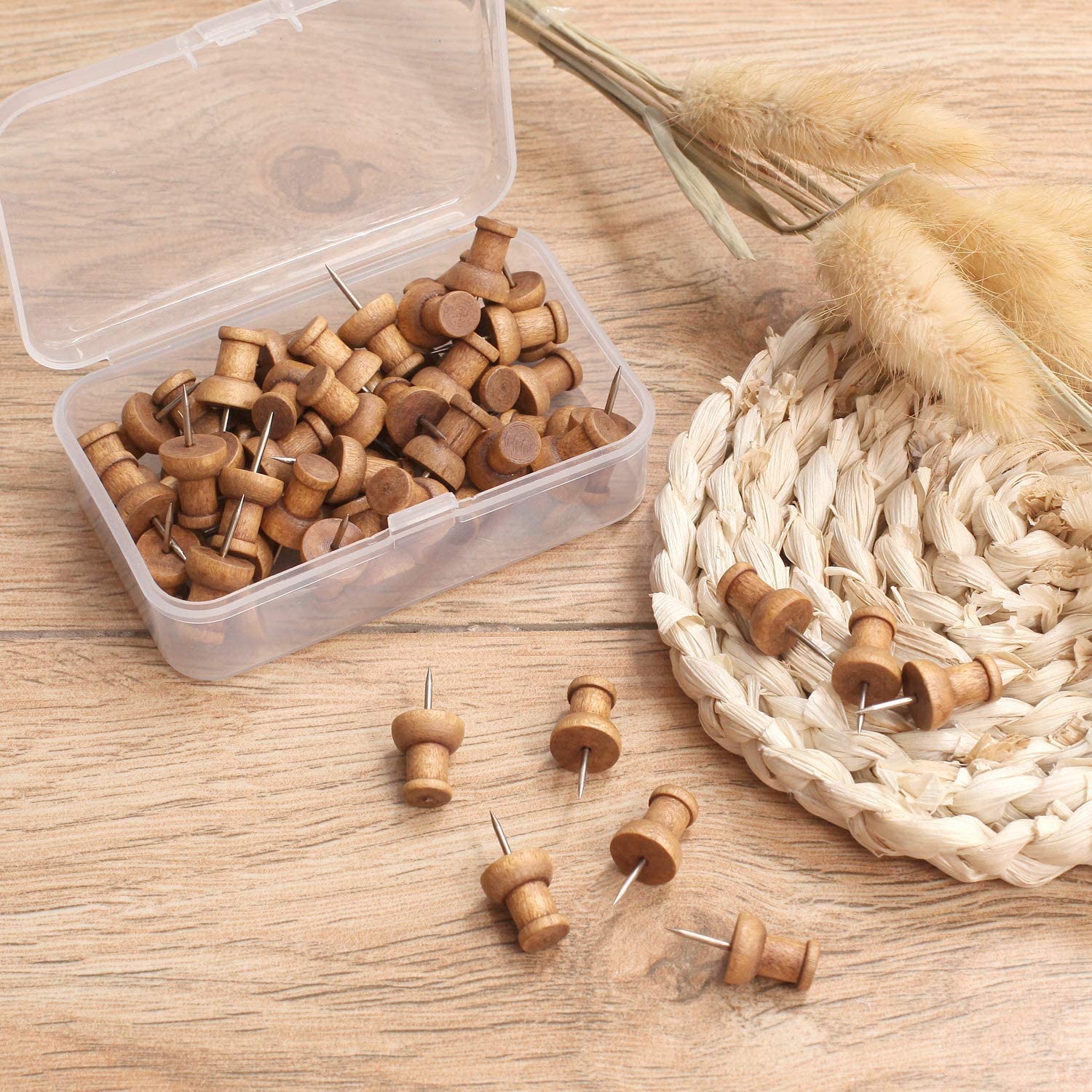 120 Pcs Wood Push Pins, Walnut, Standard, Wooden Thumb Tacks Decorative for Cork Boards Map Photos Calendar and Home Office Craft Projects with Box