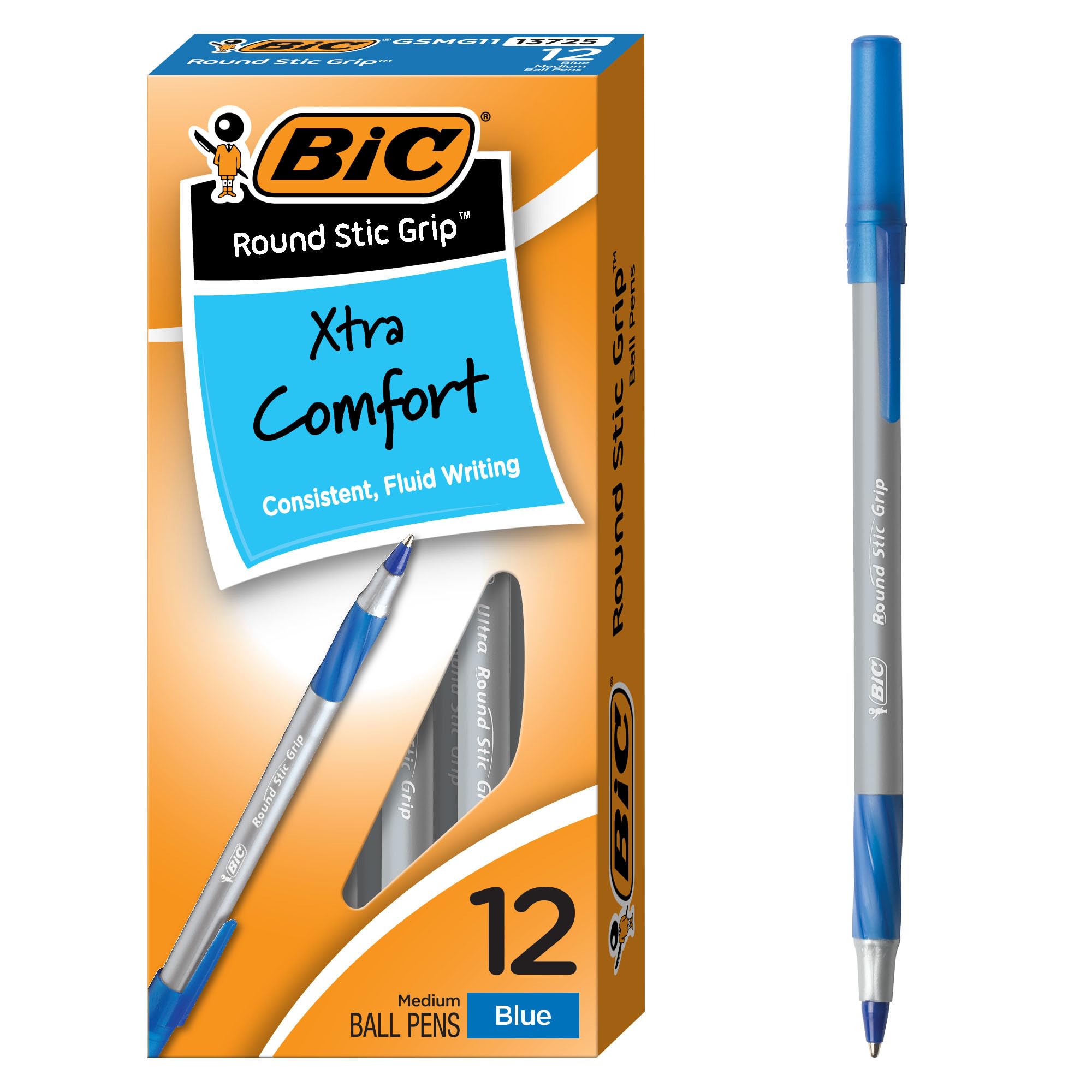 BIC Round Stic Grip Xtra Comfort Ballpoint Pen, Medium Point (1.2mm), Blue, 12-Count