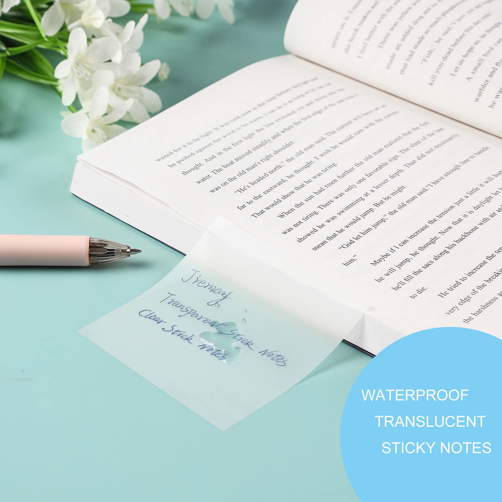 Jiemay 600 Pcs Transparent Sticky Notes Pad, Clear Sticky Notes for Books Message Reminder, Waterproof self-Adhesive Translucent Sticky Notes, 12 Packs (3"x3")