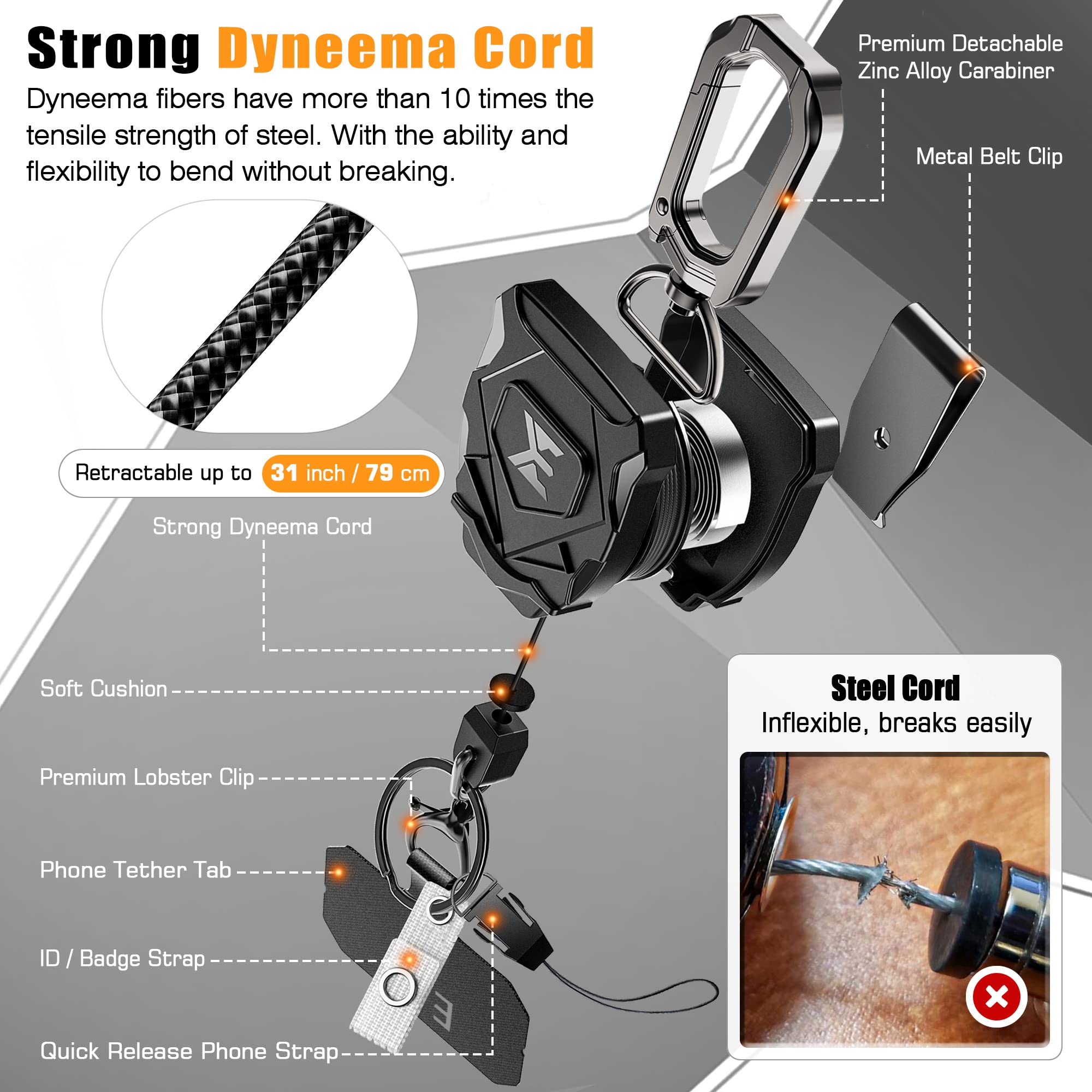 ELV Heavy Duty Retractable Keychain with Interval Locking, Belt Clip and Carabiner, Retractable Badge Reel, Retractable ID Badge Holder with 31” Dyneema Cord, Key Ring, Badge Clip and Phone Tethers