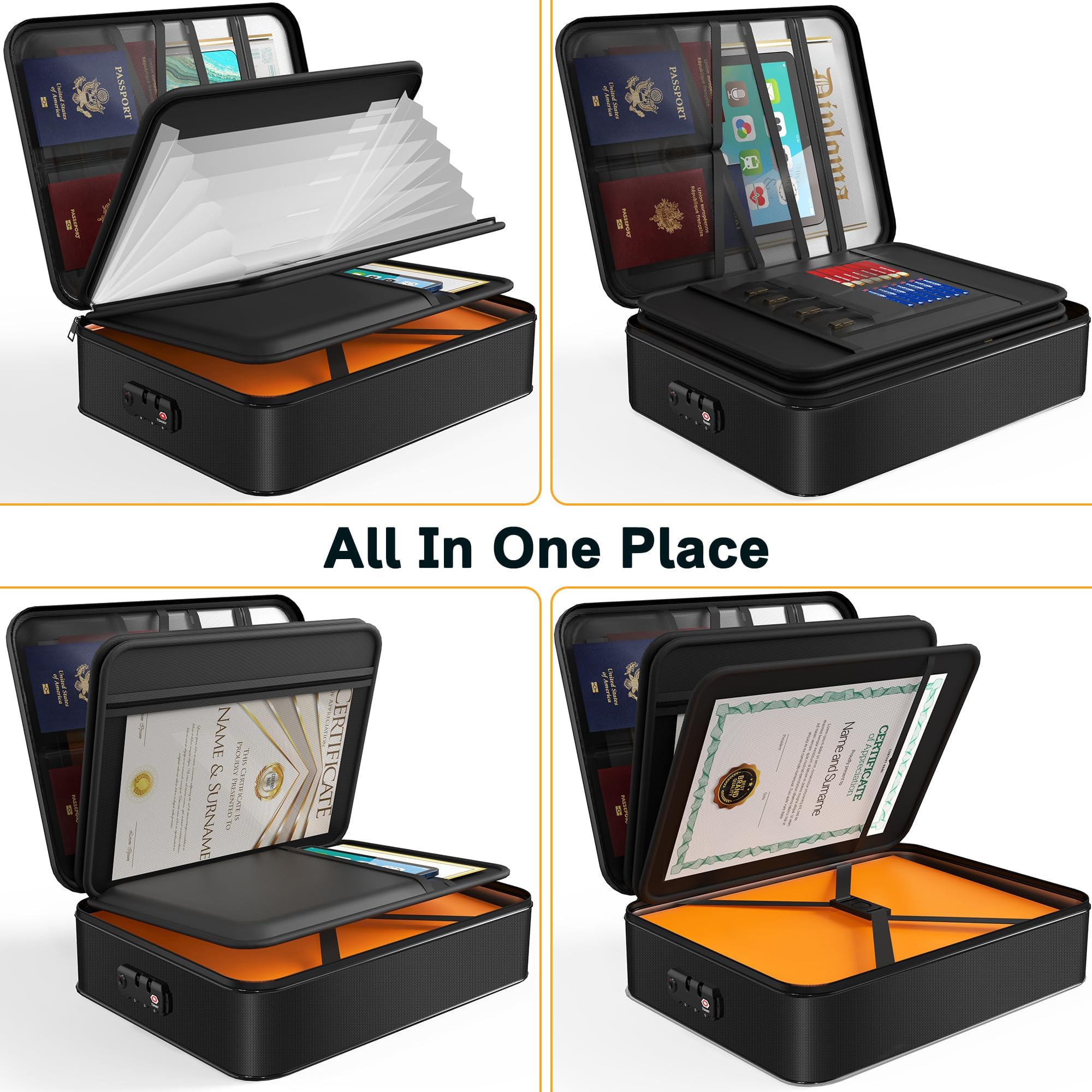 Noiposi Document Organizer with Lock ,15.0"x11.0"x4.3" Waterproof and Fireproof Document Box ,Portable Home Travel Safe Storage Box for Important Documents ,File and Birth Certificate