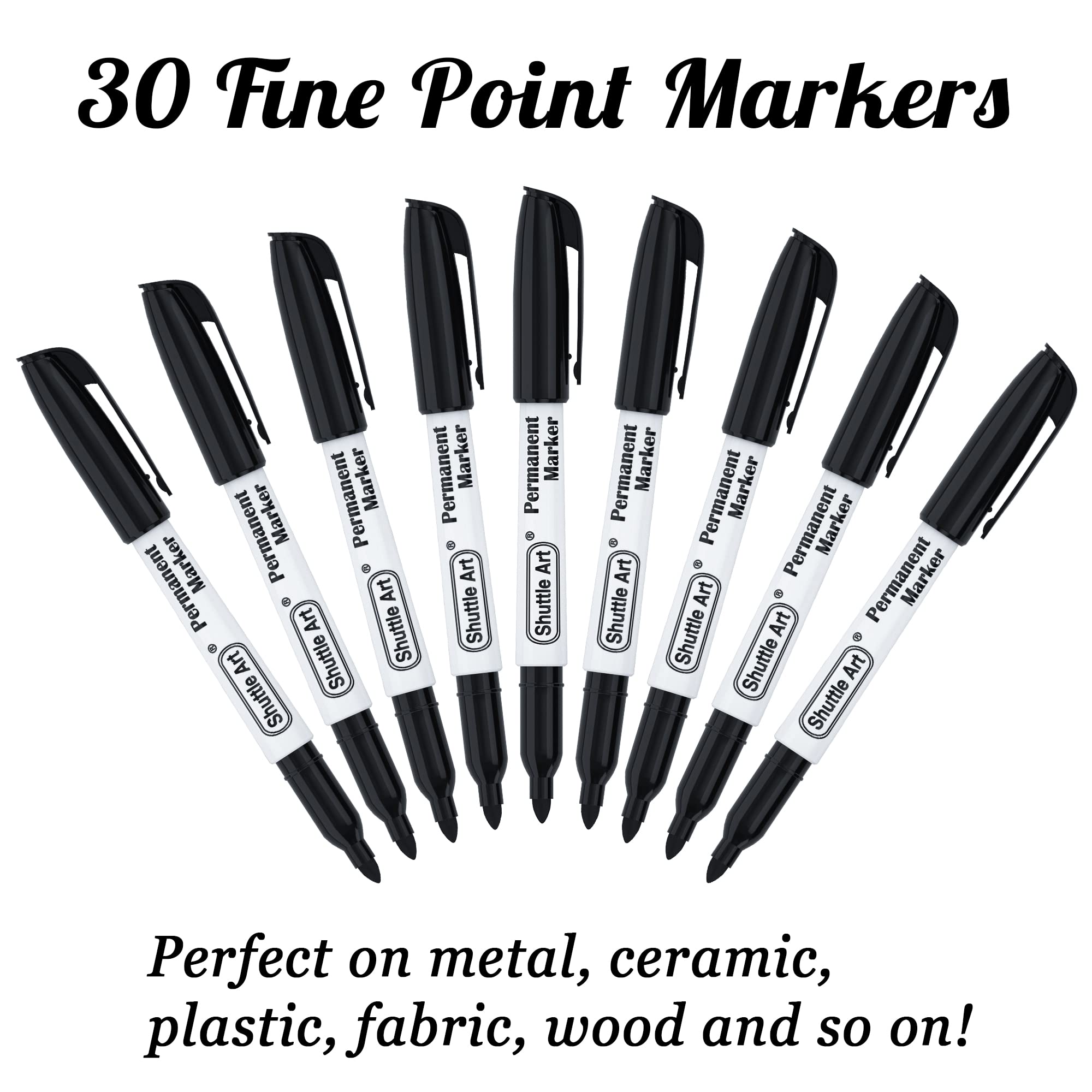 Permanent Markers,Shuttle Art 30 Pack Black Permanent Marker set,Fine Point, Works on Plastic,Wood,Stone,Metal and Glass for Doodling, Marking