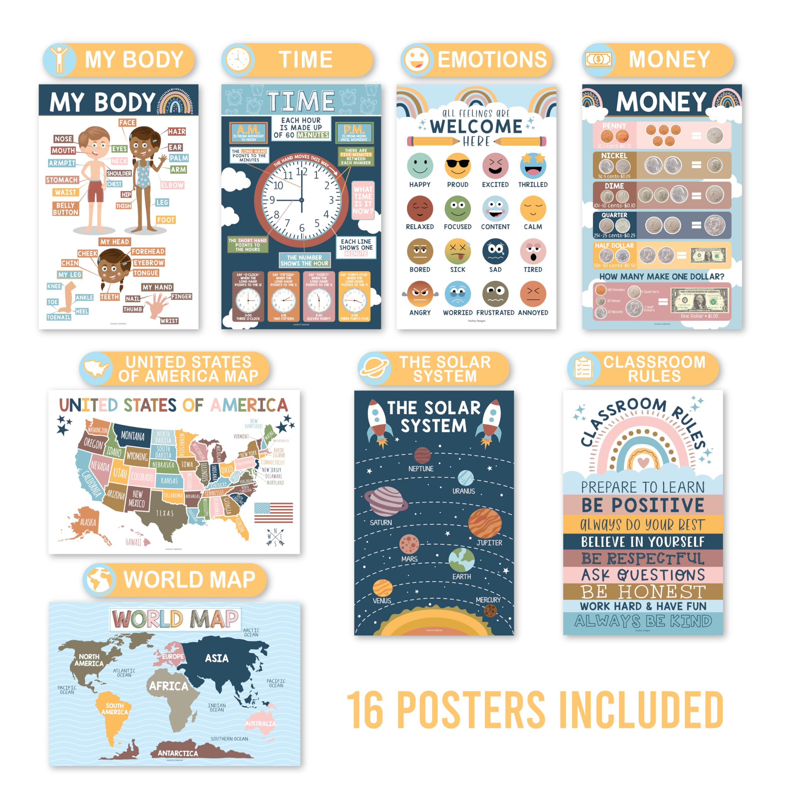 16 Boho Kids Educational Posters For Toddlers - Teacher Posters For Classroom Posters Elementary, Pre K Learning Posters For Toddlers 1-3, Kindergarten Homeschool Supplies, Alphabet Poster For Toddler