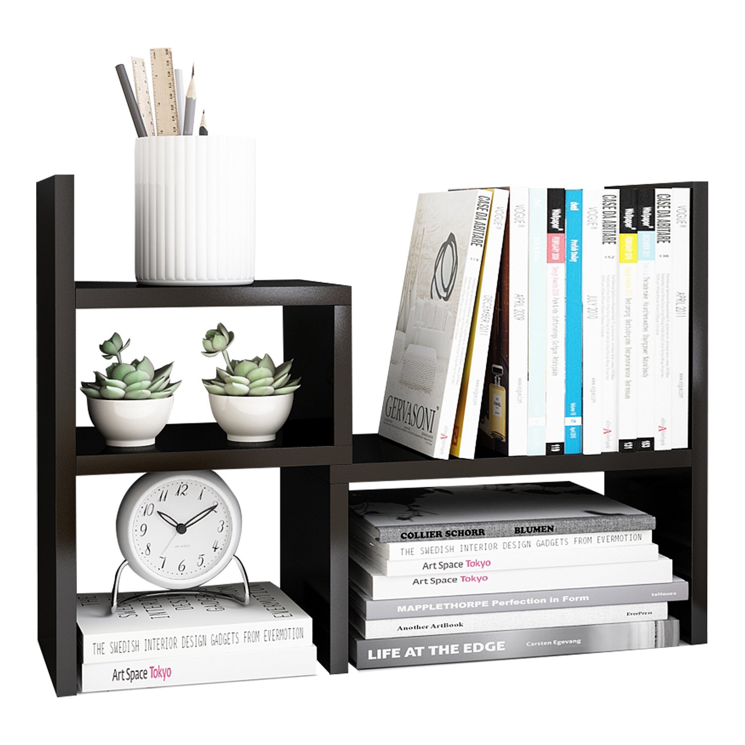 Jerry & Maggie - Desktop Organizer Office Storage Rack Adjustable Wood Display Shelf | Birthday Gifts - Toy - Home Decor | - Free Style Rotation Display - True Natural Stand Shelf Black