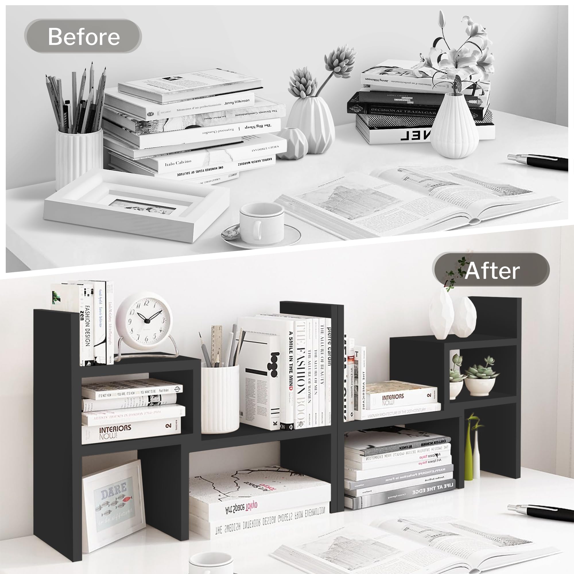 Jerry & Maggie - Desktop Organizer Office Storage Rack Adjustable Wood Display Shelf | Birthday Gifts - Toy - Home Decor | - Free Style Rotation Display - True Natural Stand Shelf Black