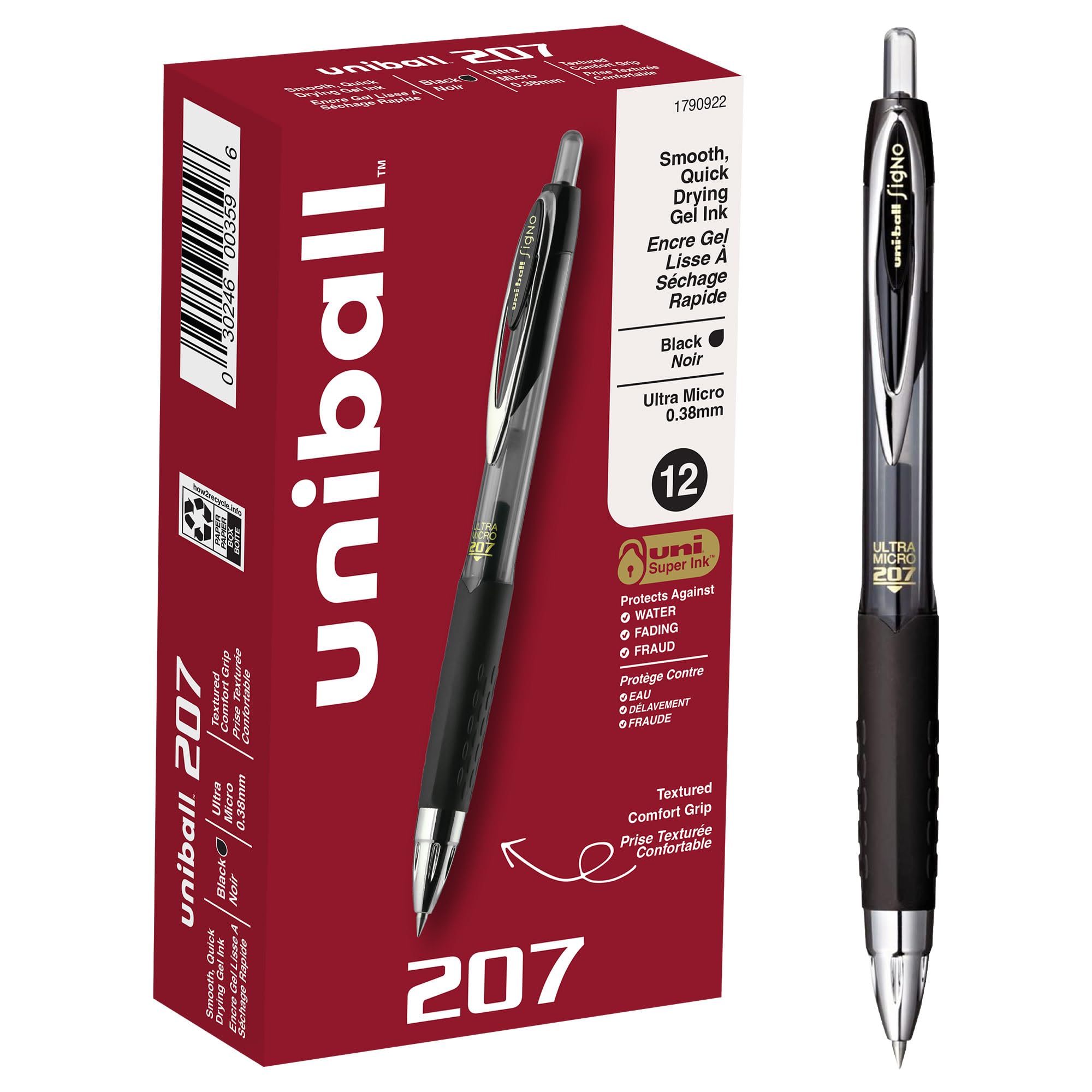Black Retractable Gel Pens 12 Pack with Micro Points, Uni-Ball 207 Signo Click Pens are Fraud Proof and the Best Office Pens, Nursing Pens, Business Pens, School Pens, and Bible Pens