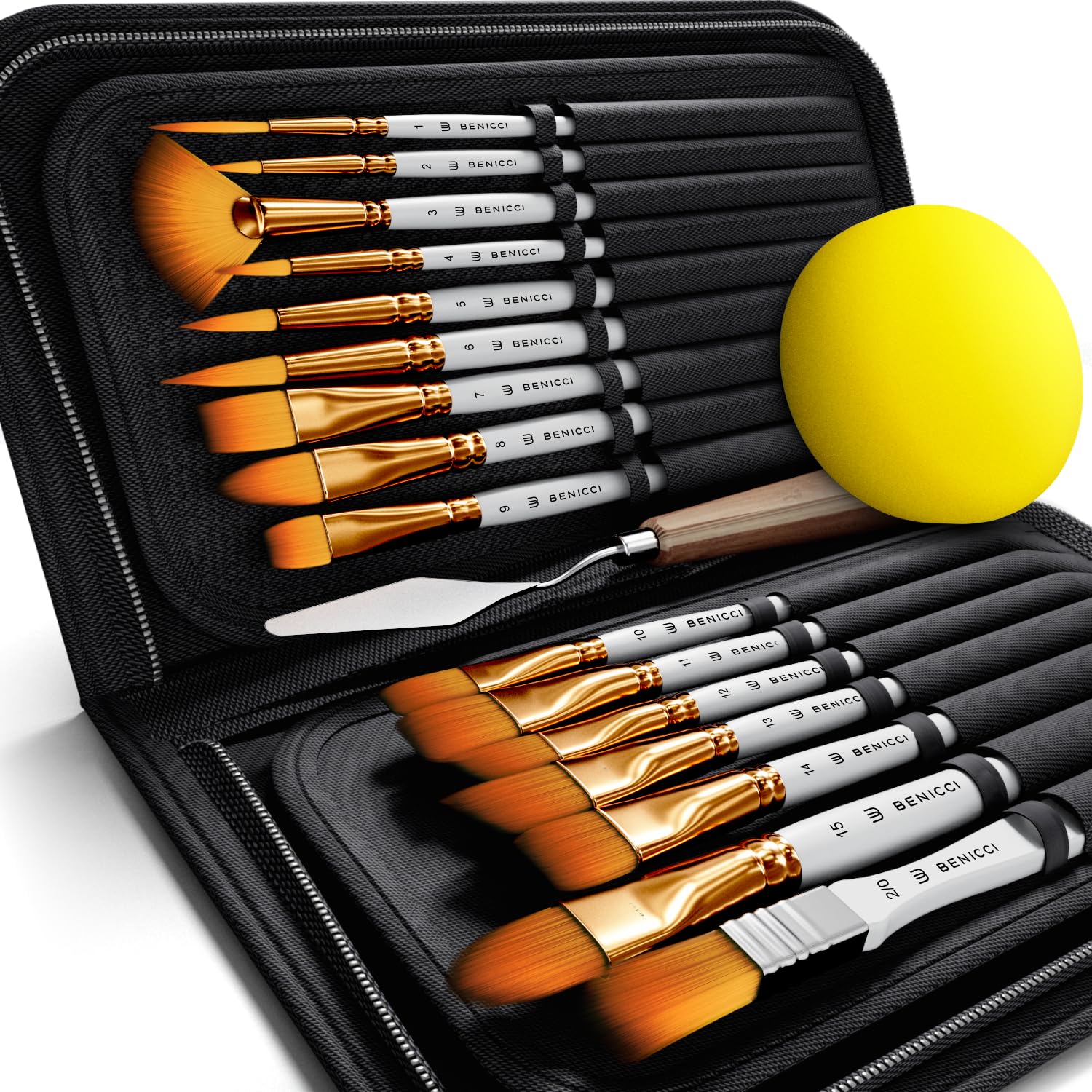 Premium Artist Paint Brush Set of 16 - w/ Bonus Palette Knife, Sponge & Organizing Case - Painting Brushes for Kids, Adults or Professionals - Perfect for Your Watercolor, Oil or Acrylic Painting Art
