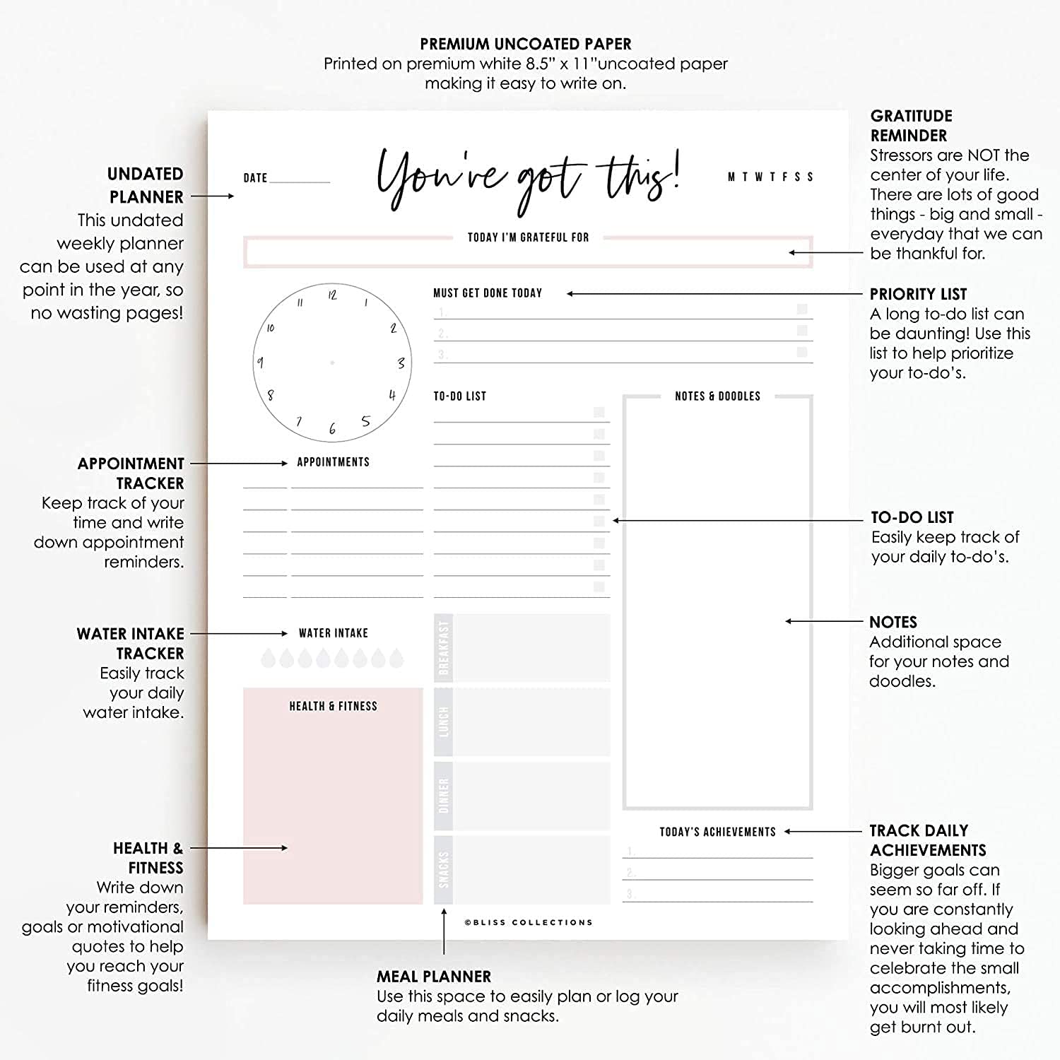 Bliss Collections Daily Planner, You've Got This, Undated Tear-Off Sheets Notepad Includes Calendar, Organizer, Scheduler for Goals, Tasks, Ideas, Notes and To Do Lists, 8.5"x11" (50 Sheets)