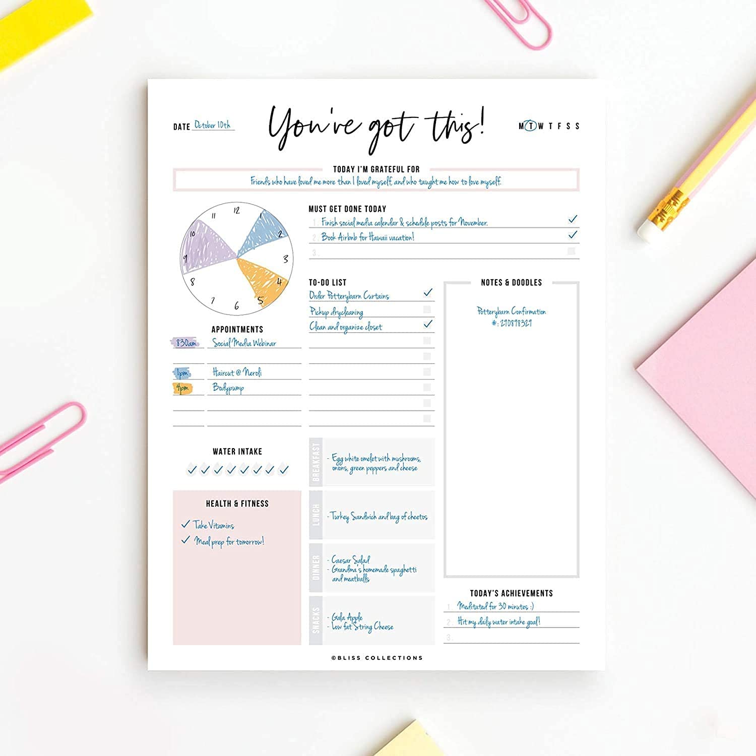 Bliss Collections Daily Planner, You've Got This, Undated Tear-Off Sheets Notepad Includes Calendar, Organizer, Scheduler for Goals, Tasks, Ideas, Notes and To Do Lists, 8.5"x11" (50 Sheets)