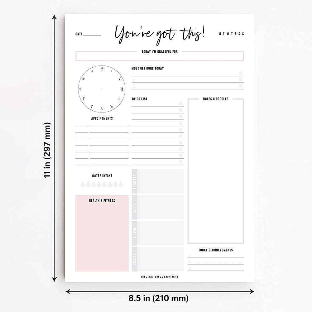 Bliss Collections Daily Planner, You've Got This, Undated Tear-Off Sheets Notepad Includes Calendar, Organizer, Scheduler for Goals, Tasks, Ideas, Notes and To Do Lists, 8.5"x11" (50 Sheets)