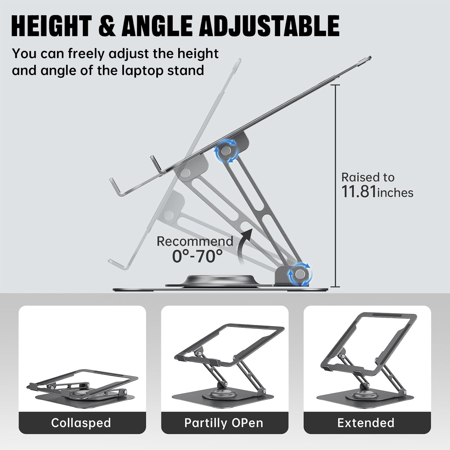 JOYEKY Laptop Stand for Desk, Adjustable Computer Stand with 360° Rotating Base, Ergonomic Laptop Riser for Collaborative Work, Foldable & Portable Laptop Stand, fits for All 10-16" Laptops