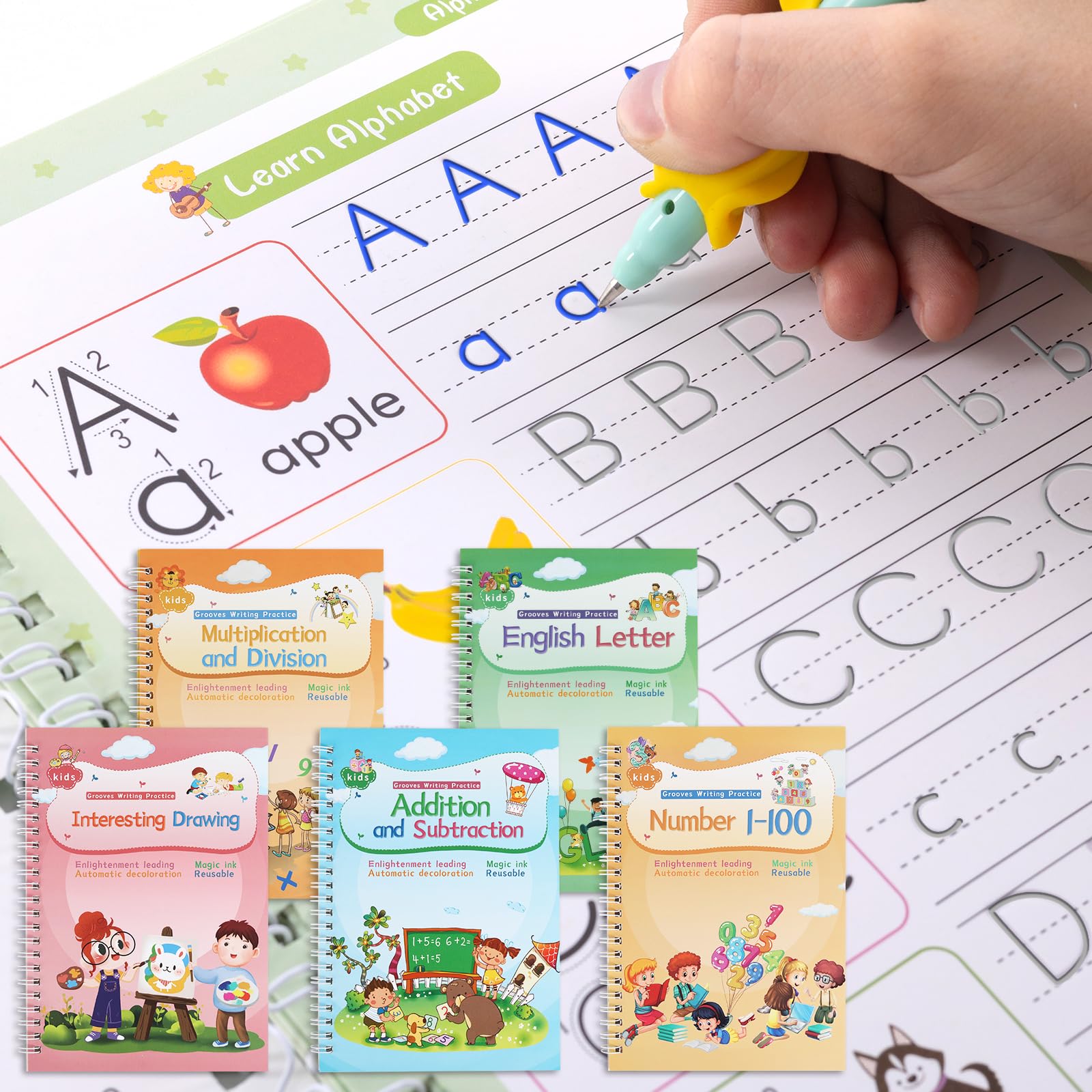 ASIGN Magic Ink Copybooks for Kids Reusable Handwriting Workbooks for Preschools Grooves Template Design and Handwriting Aid (ENLARGED-Version 4books+Pens)