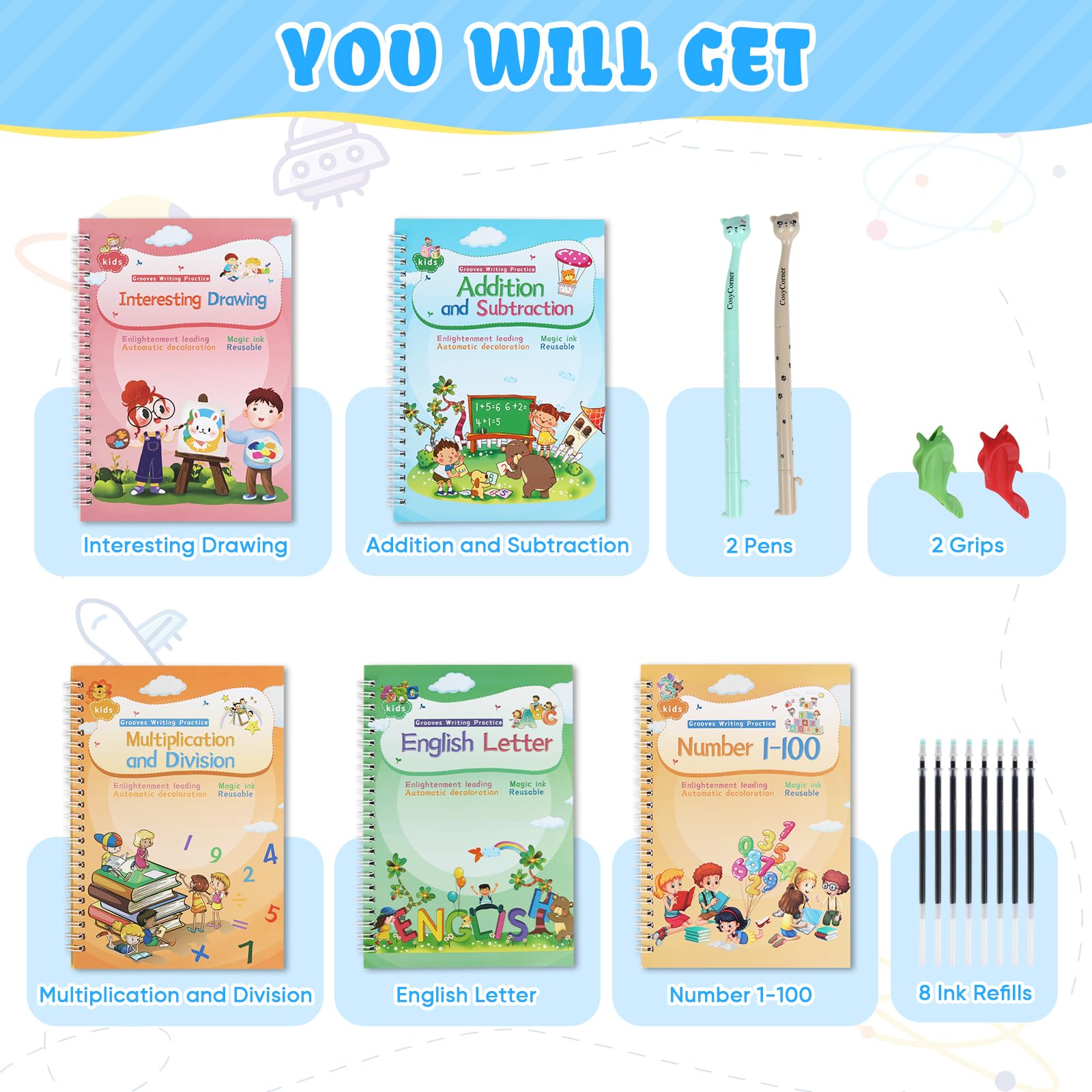 ASIGN Magic Ink Copybooks for Kids Reusable Handwriting Workbooks for Preschools Grooves Template Design and Handwriting Aid (ENLARGED-Version 4books+Pens)