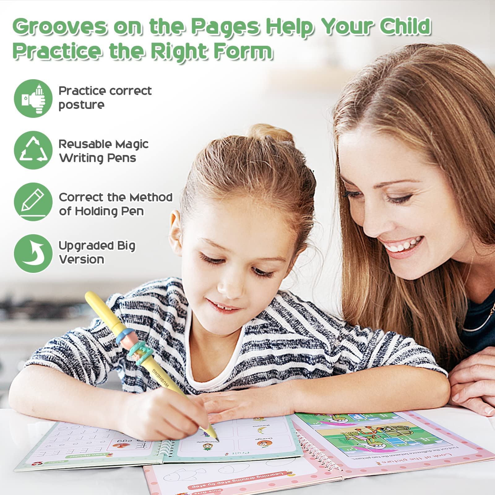 ASIGN Magic Ink Copybooks for Kids Reusable Handwriting Workbooks for Preschools Grooves Template Design and Handwriting Aid (ENLARGED-Version 4books+Pens)