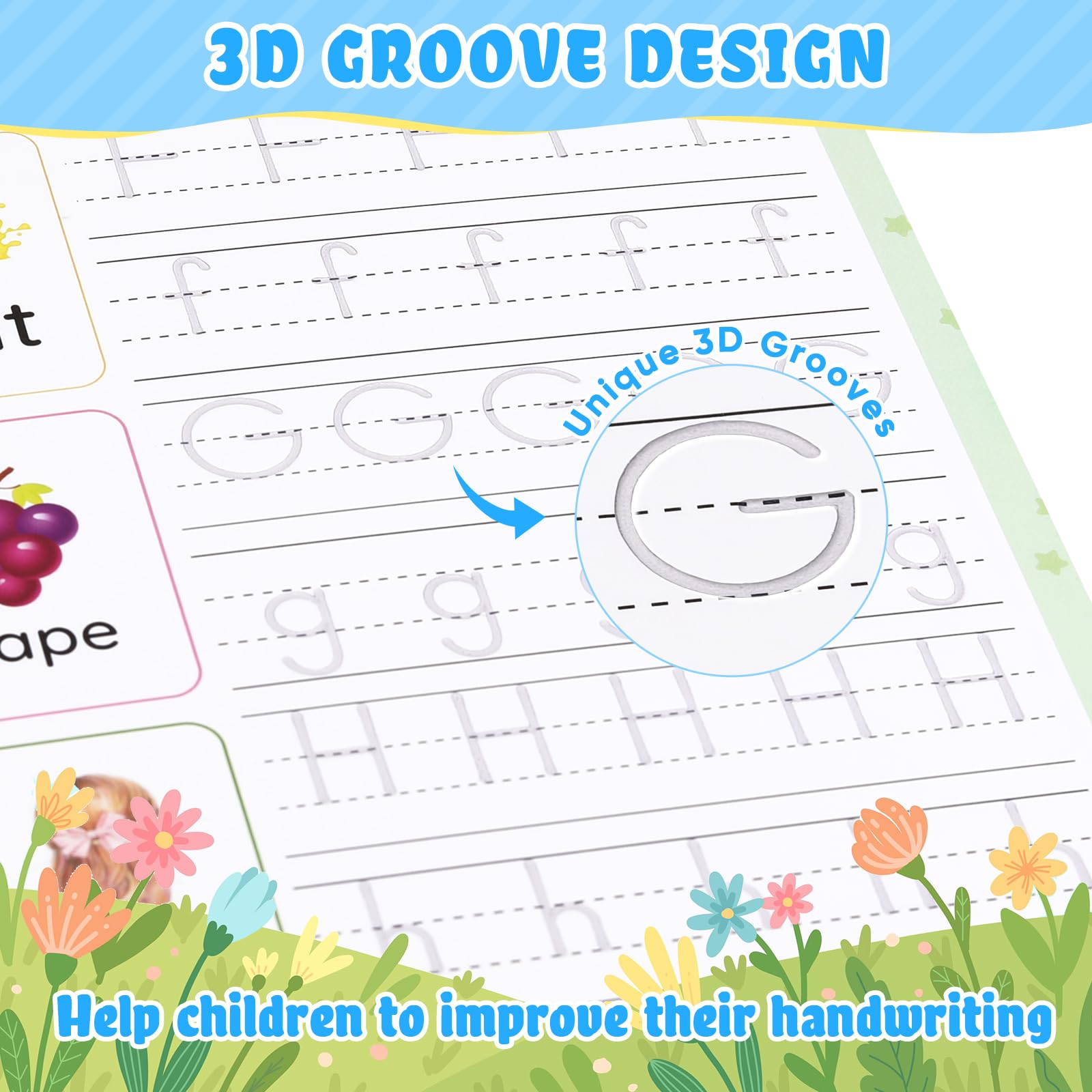 ASIGN Magic Ink Copybooks for Kids Reusable Handwriting Workbooks for Preschools Grooves Template Design and Handwriting Aid (ENLARGED-Version 4books+Pens)