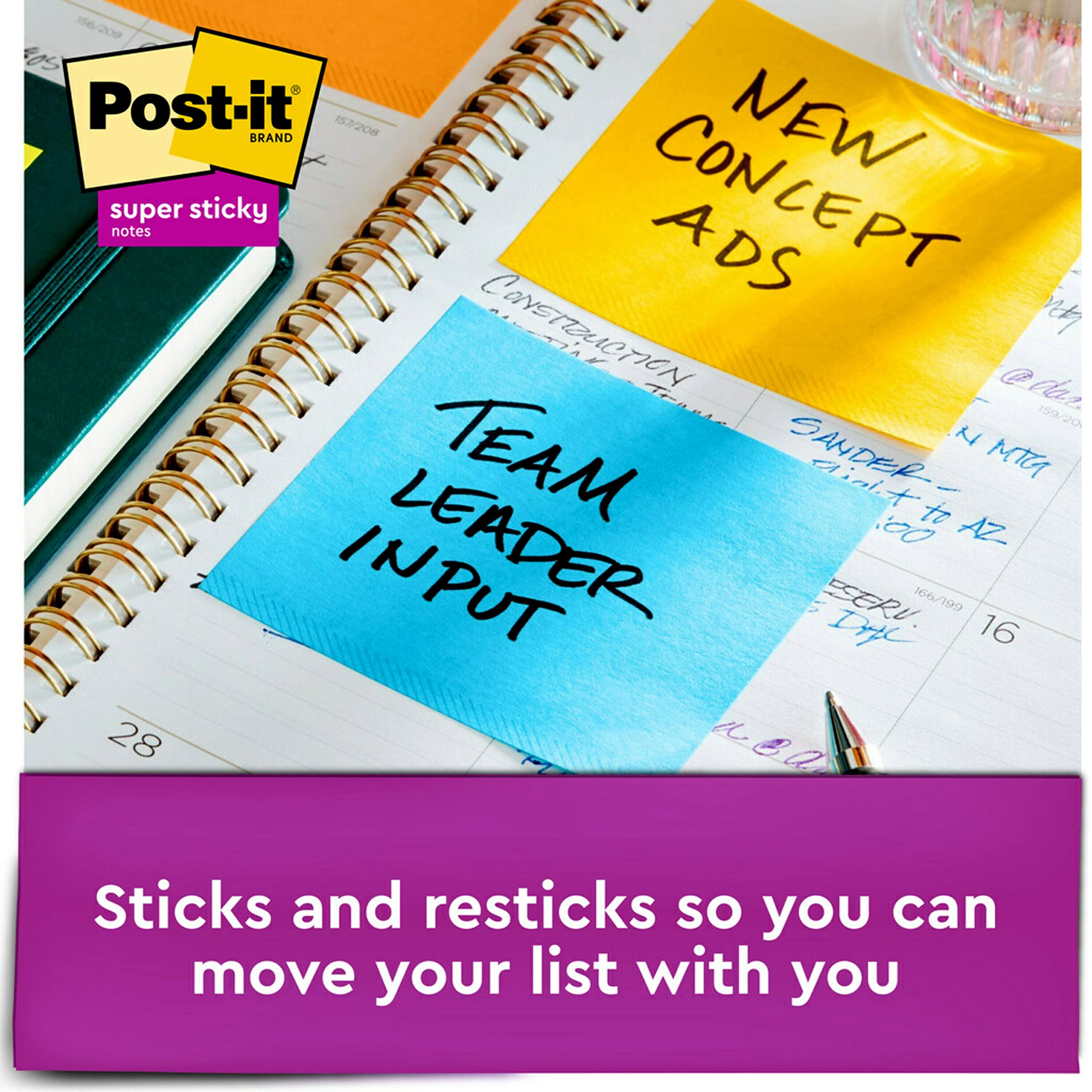 Post-it Super Sticky Full Stick Notes, 2x2 in, 8 Pads, 2x the Sticking Power, Energy Boost Collection, Bright Colors (Orange, Pink, Blue, Green), Recyclable (F220-8SSAU)