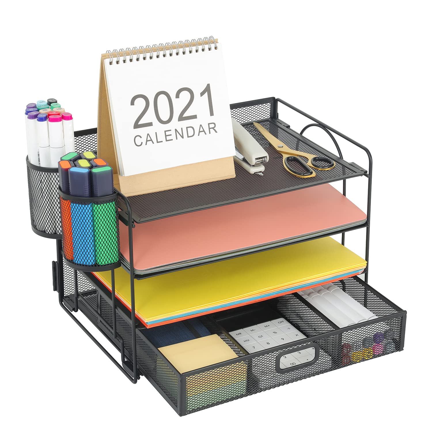 Marbrasse 4-Trays Desktop File Organizer with Pen Holder | Paper Letter Tray with Drawer and 2 Pen Holder | Mesh Office Supplies Desk Organizer for Home Office (Black)