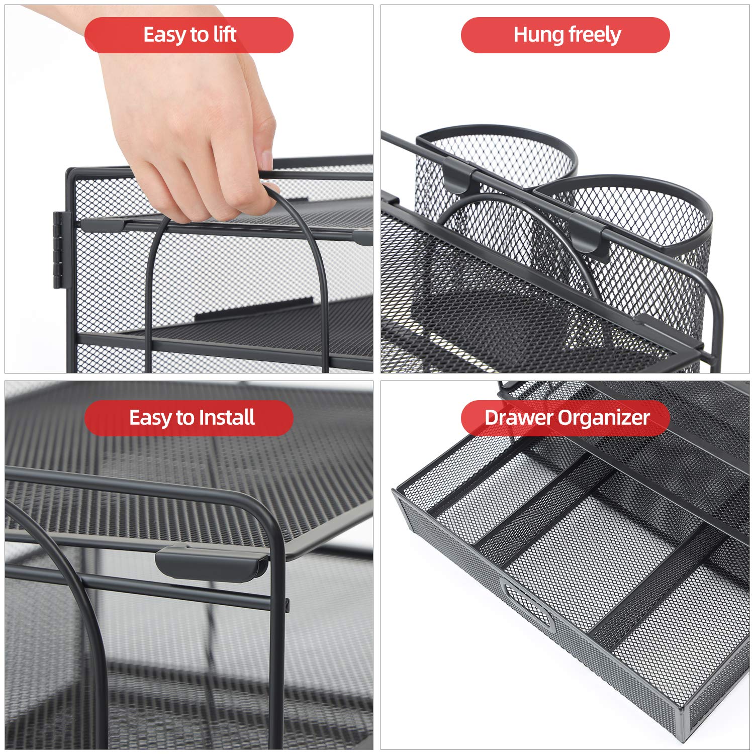 Marbrasse 4-Trays Desktop File Organizer with Pen Holder | Paper Letter Tray with Drawer and 2 Pen Holder | Mesh Office Supplies Desk Organizer for Home Office (Black)