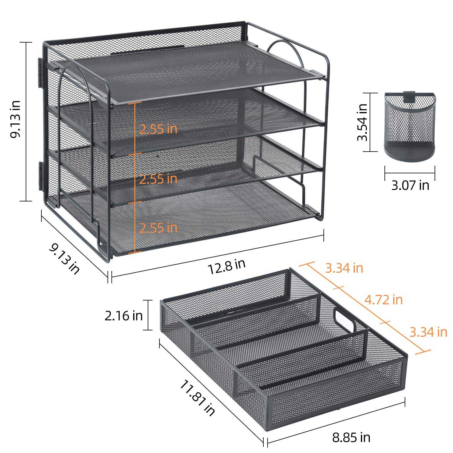 Marbrasse 4-Trays Desktop File Organizer with Pen Holder | Paper Letter Tray with Drawer and 2 Pen Holder | Mesh Office Supplies Desk Organizer for Home Office (Black)