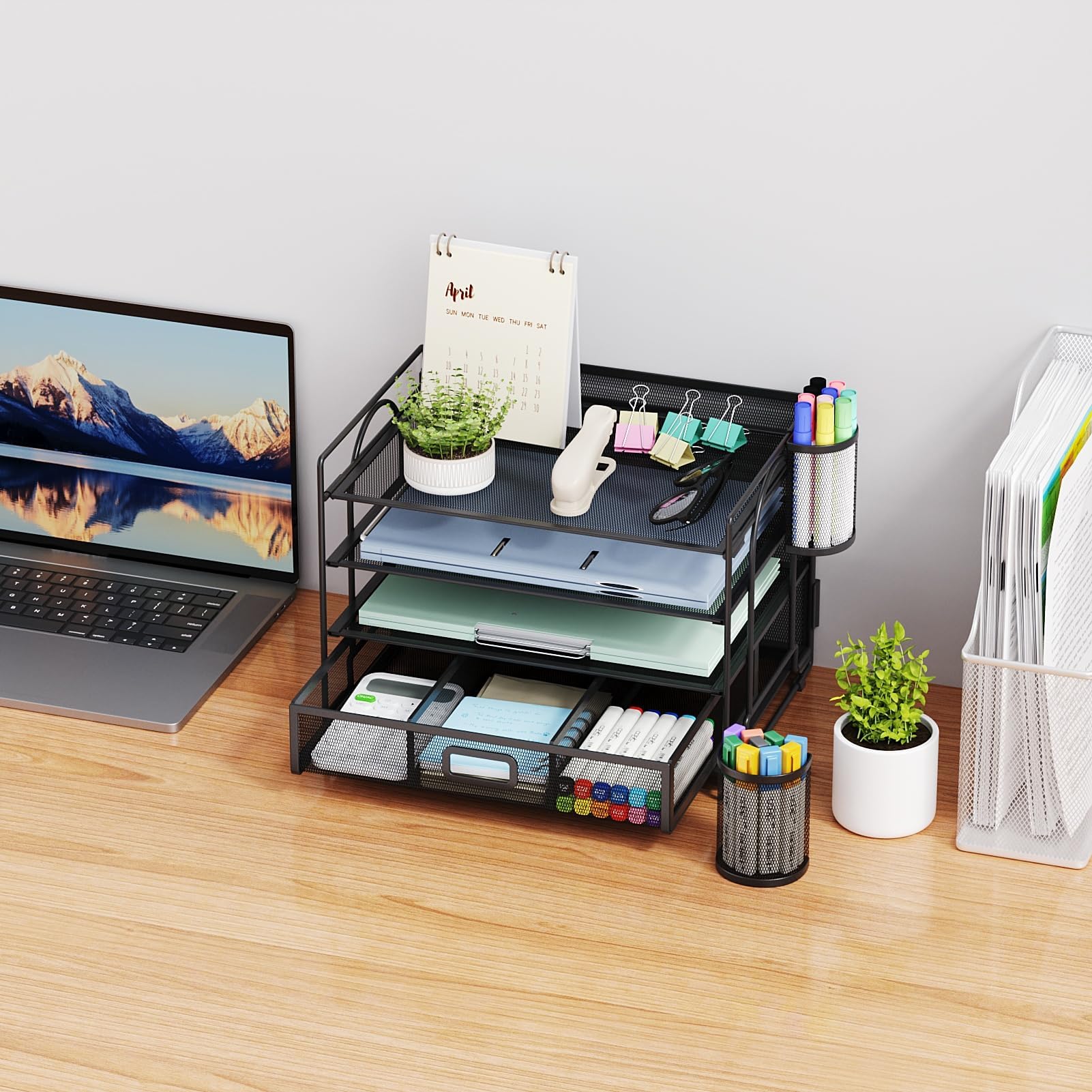 Marbrasse 4-Trays Desktop File Organizer with Pen Holder | Paper Letter Tray with Drawer and 2 Pen Holder | Mesh Office Supplies Desk Organizer for Home Office (Black)