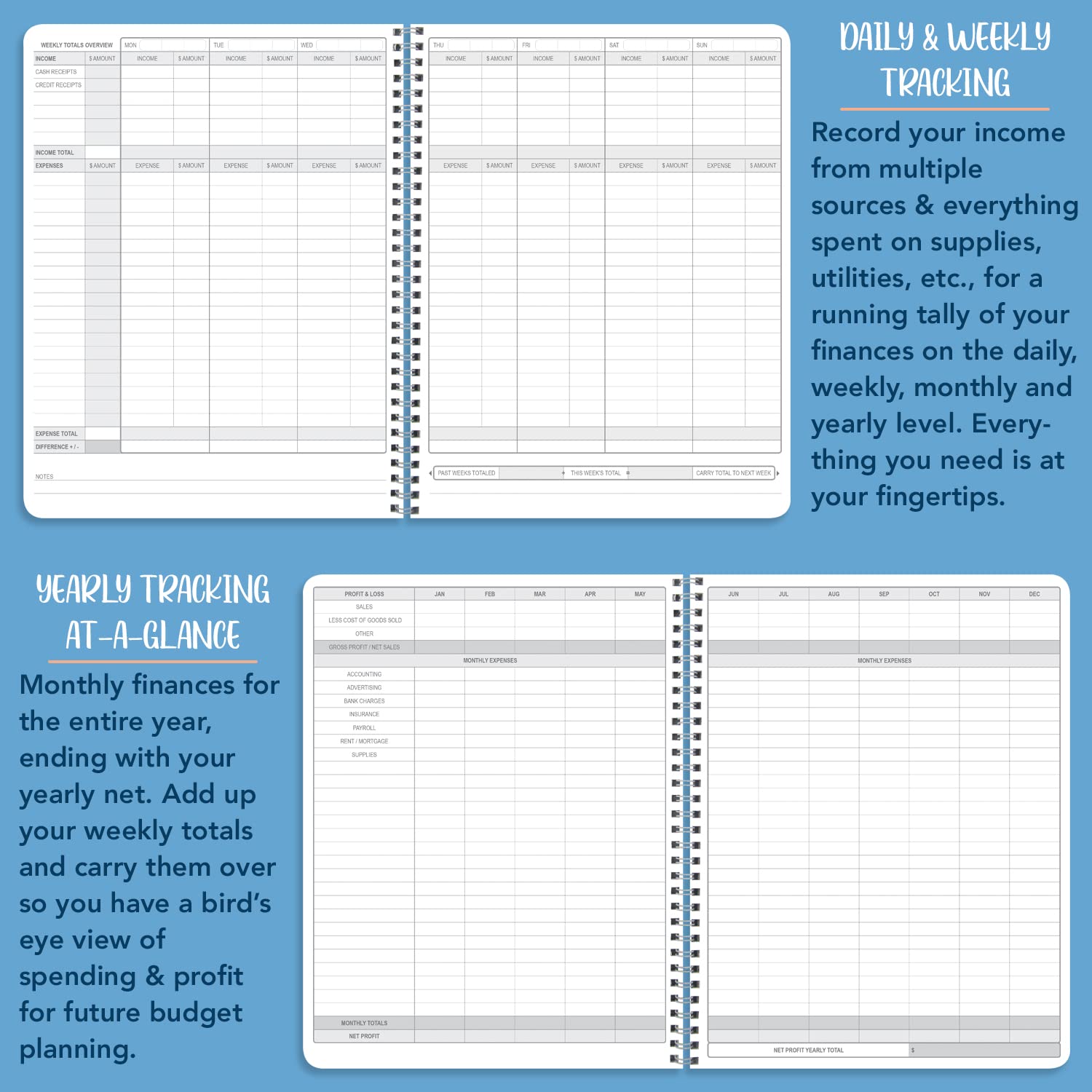BookFactory Income and Expense Log Book/Tracker/Small Business Ledger Book/Accounting & Bookkeeping Ledger Log Book/LogBook 108 Pages - 8.5" x 11" Wire-O (LOG-108-7CW-PP-(IncomeExpense)-BX)