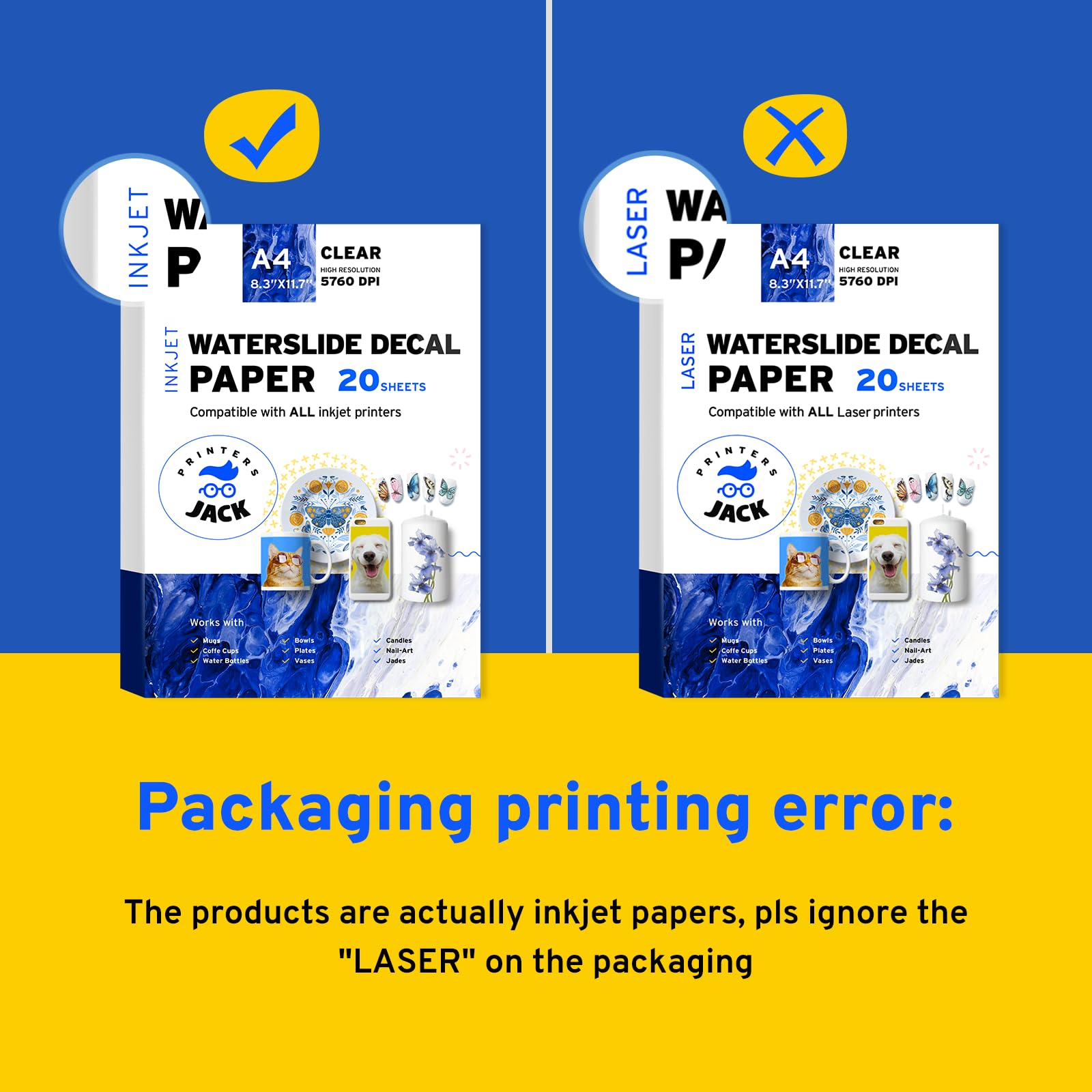 Printers Jack Water Slide Decal Paper Inkjet 20 Sheets A4 Size Premium Water Slide Transfer Paper Clear Transparent Printable Waterslide Paper for Tumblers, Mugs, Glasses DIY