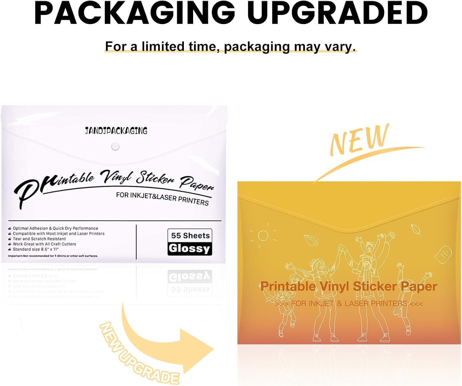 Premium Printable Vinyl Sticker Paper - for Inkjet and Laser Printer - 55 Pack Glossy White Waterproof Inkjet Printable Vinyl - Dries Quickly and Holds Ink Beautifully JANDJPACKAGING