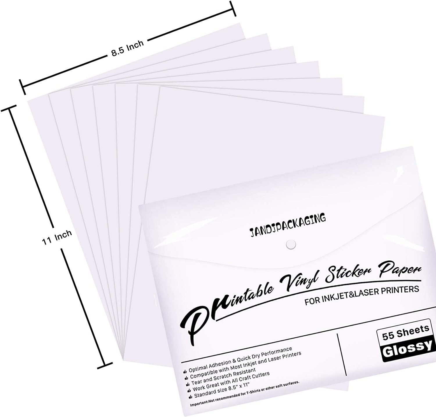 Premium Printable Vinyl Sticker Paper - for Inkjet and Laser Printer - 55 Pack Glossy White Waterproof Inkjet Printable Vinyl - Dries Quickly and Holds Ink Beautifully JANDJPACKAGING