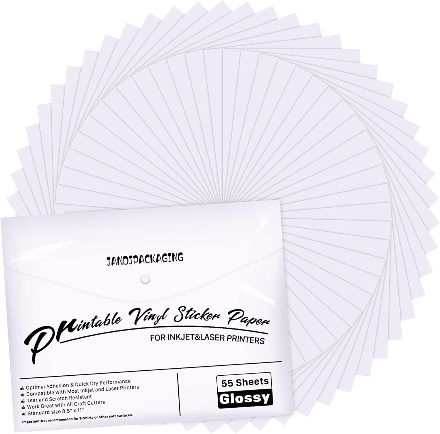 Premium Printable Vinyl Sticker Paper - for Inkjet and Laser Printer - 55 Pack Glossy White Waterproof Inkjet Printable Vinyl - Dries Quickly and Holds Ink Beautifully JANDJPACKAGING
