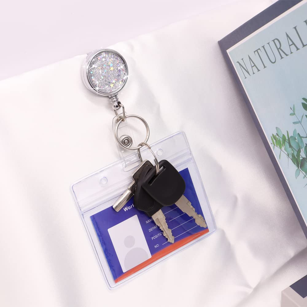 Retractable Badge Holder, Lightweight Plastic Badge Reel Retractable Card Holder with Key Ring Backing Belt Clip for Nurse,Volunteer,Teacher,Student,Office Worker (1 Pack Silver)