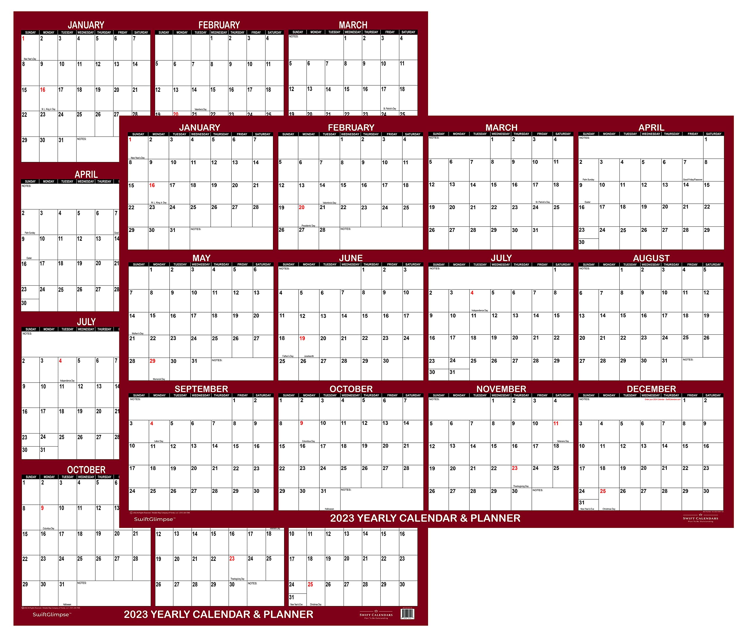 24" x 36" SwiftGlimpse 2023 Wall Calendar Erasable Large Wet & Dry Erase Laminated 12 Month Annual Yearly Wall Planner, Reversible, Horizontal/Vertical, Maroon